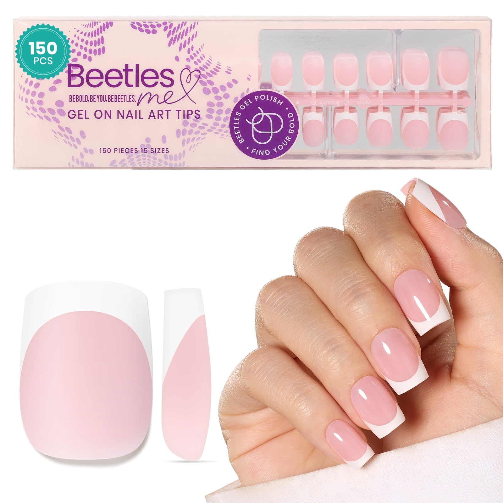 Beetles French Tip Press On Nails: 150 Pcs Pink Short Square Press On ...