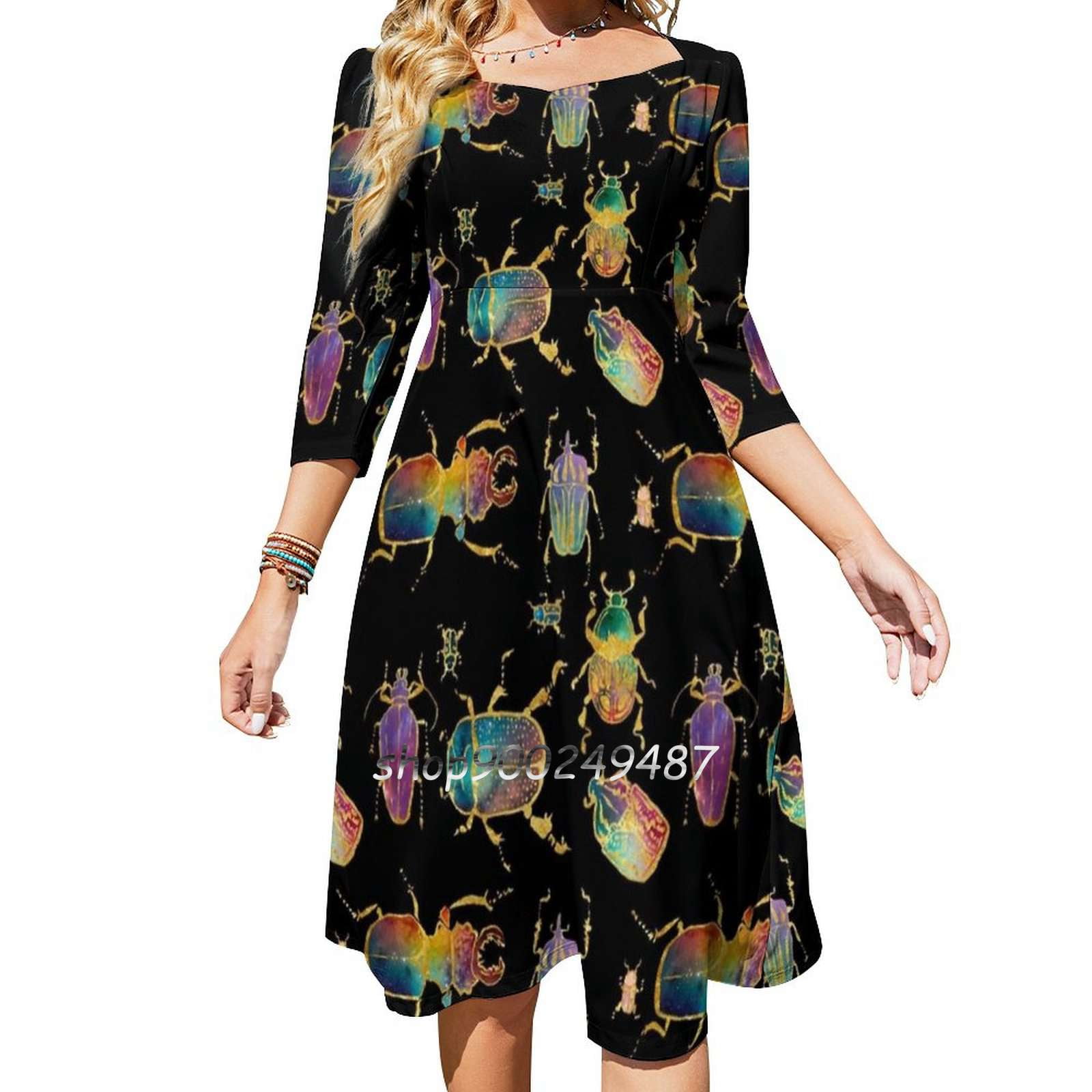 Beetles Square Neck Dress Cute Loose Print Dresses Elegant Beach Party ...