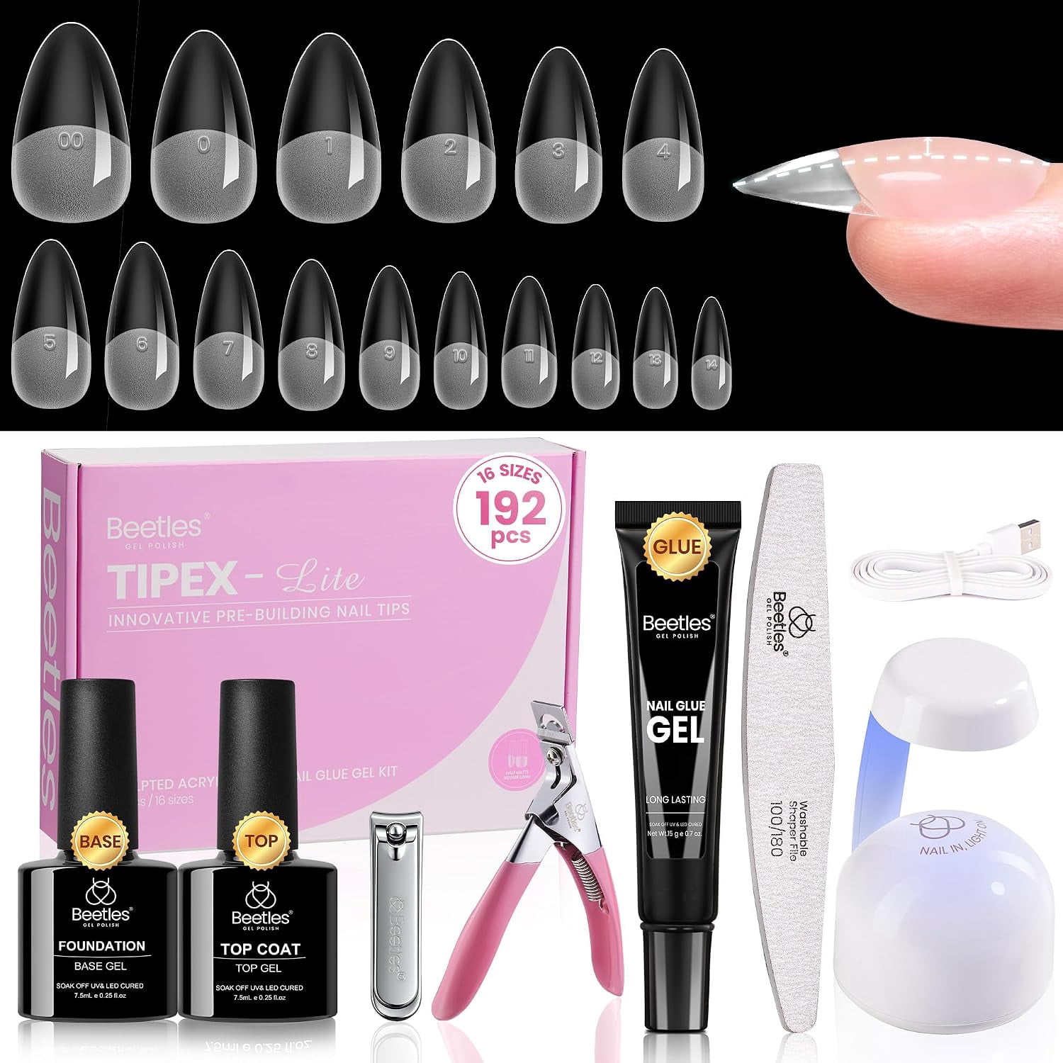 Beetles Tipex Lite Apex Nail Tips Kit, Medium Almond, 192pcs 16 Sizes ...