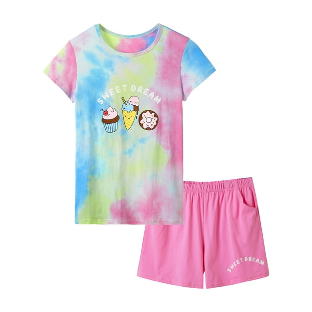 Beezizac 2-Piece Girls Pajama Set Summer Sleepover Tie Dye Short PJS ...