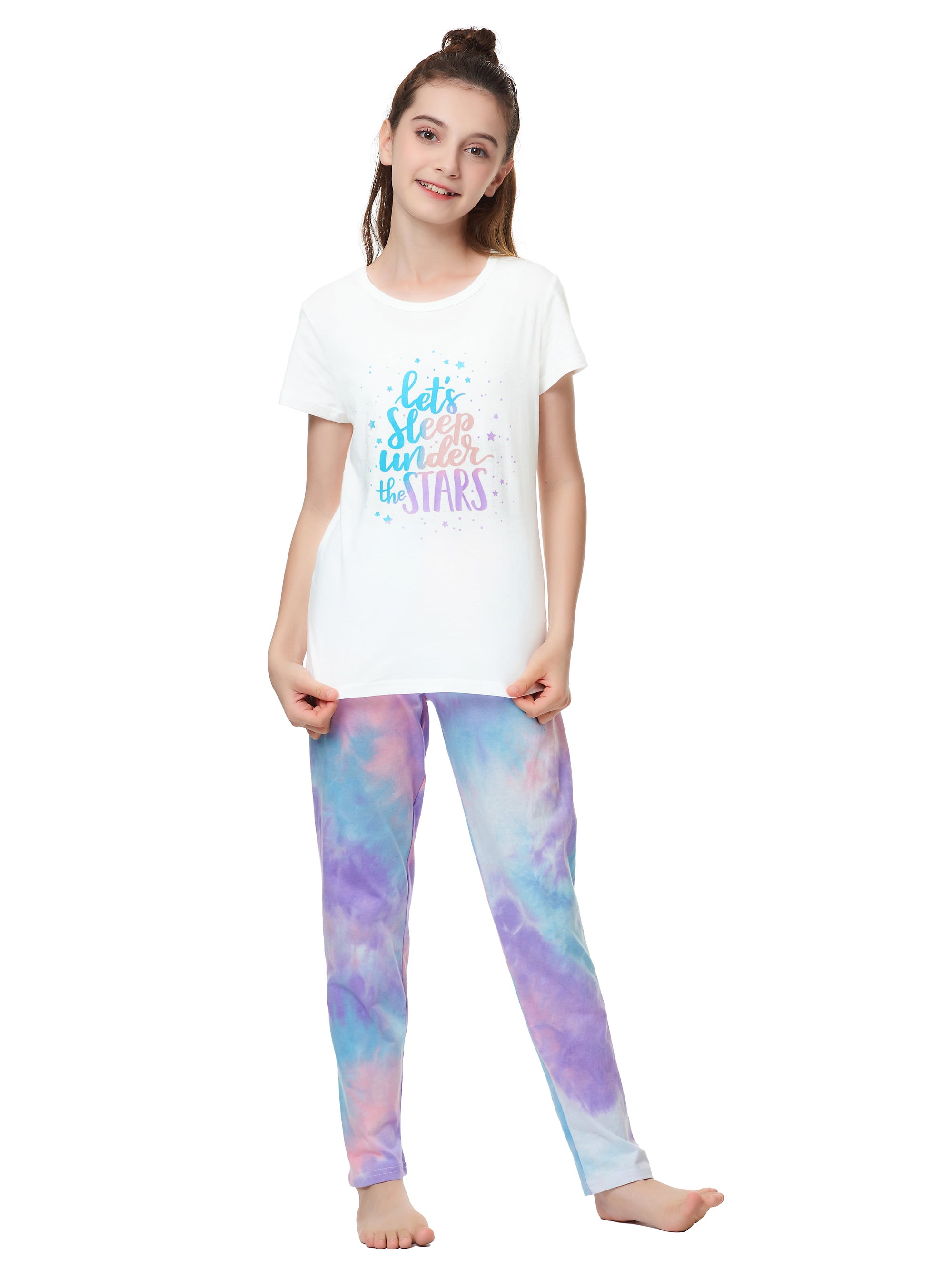 Beezizac 2-Piece Girls Tie dye Cotton Sleepover Tee & Pants PJ Set ...