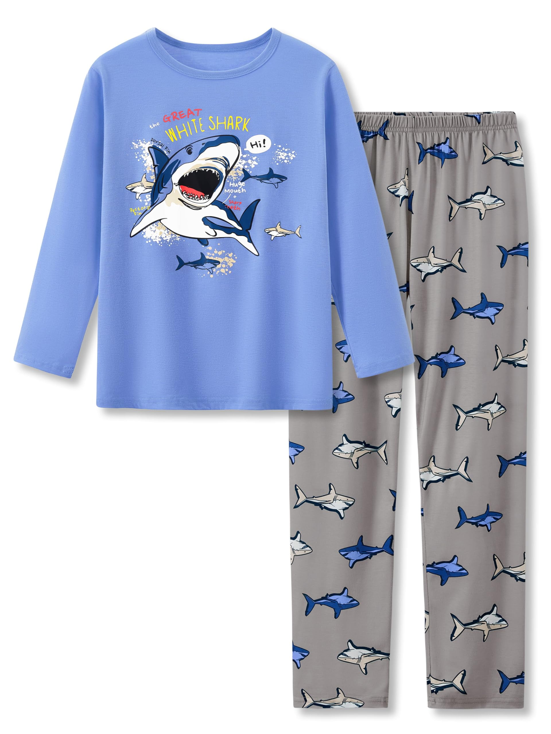 Beezizac 2-Piece Pajamas For Big Boys Blue & Gray Shark Cool Long ...