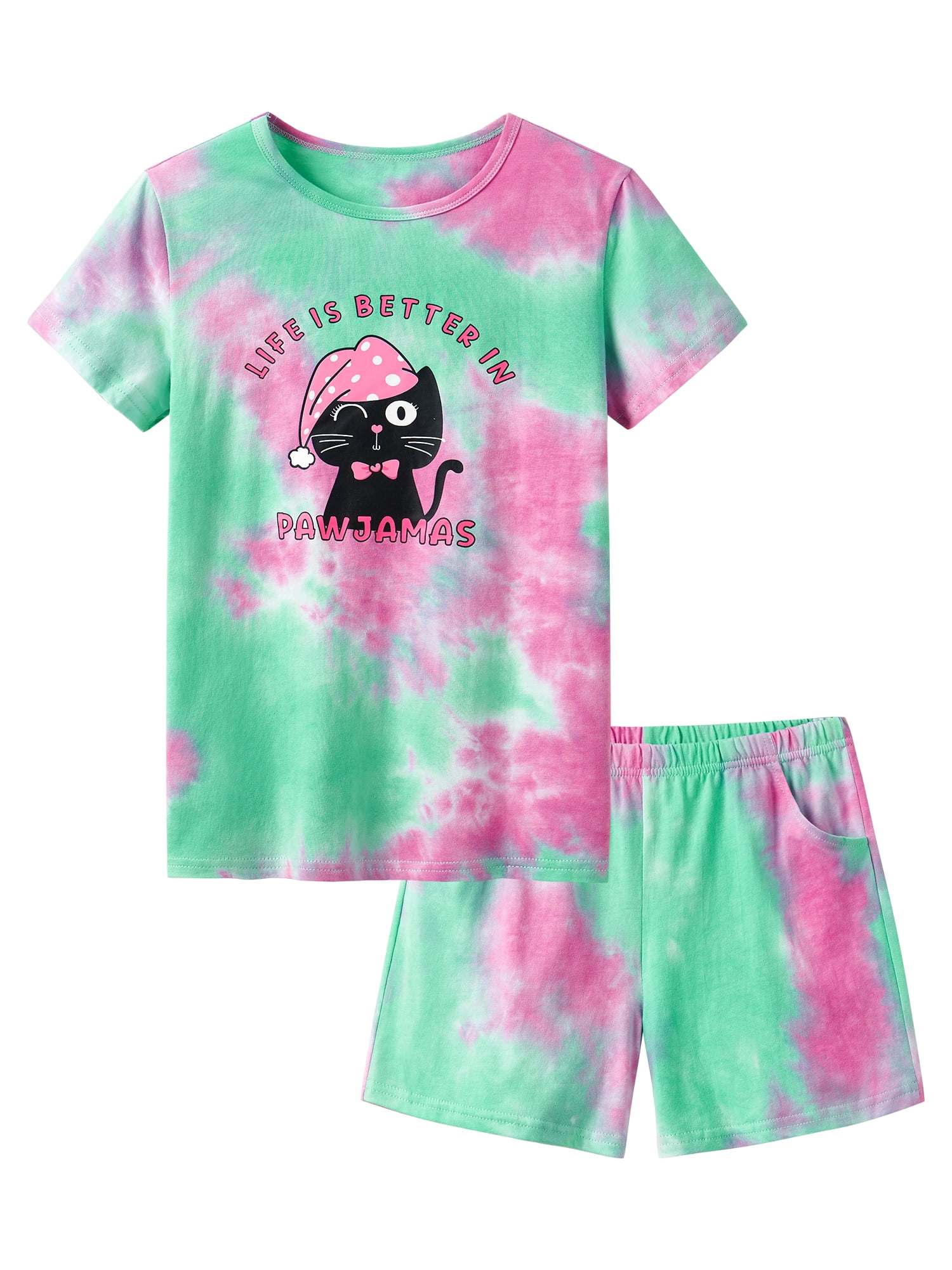 Beezizac 2-Piece Tie Dye Cat Pajamas for Girls Cute Summer Kid, Size 4T ...