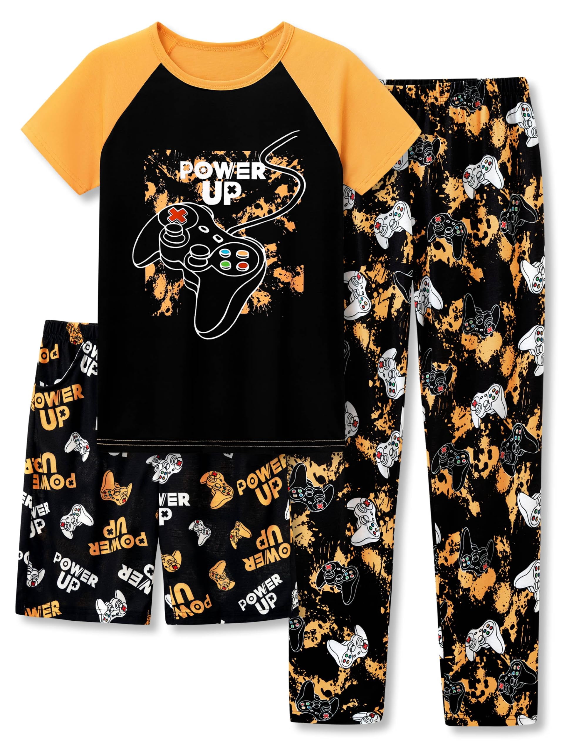 Beezizac 3-Piece Cozy Pajamas For Big Boys Yellow Gamer Short Sleeves ...