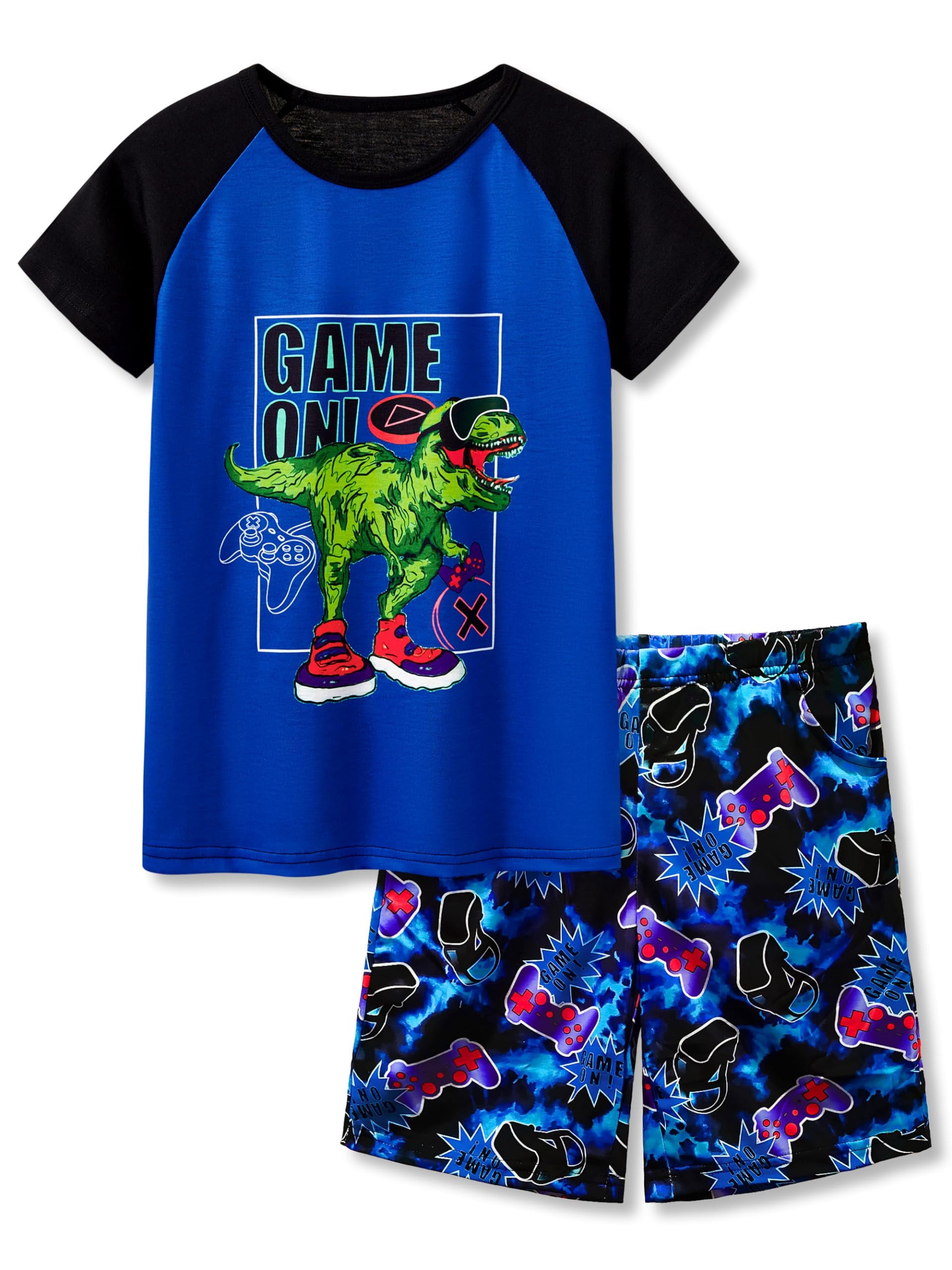 Beezizac Big Boys Dino & Gamer Pajamas 2-Piece Short Sleeve PJ Set Kid ...