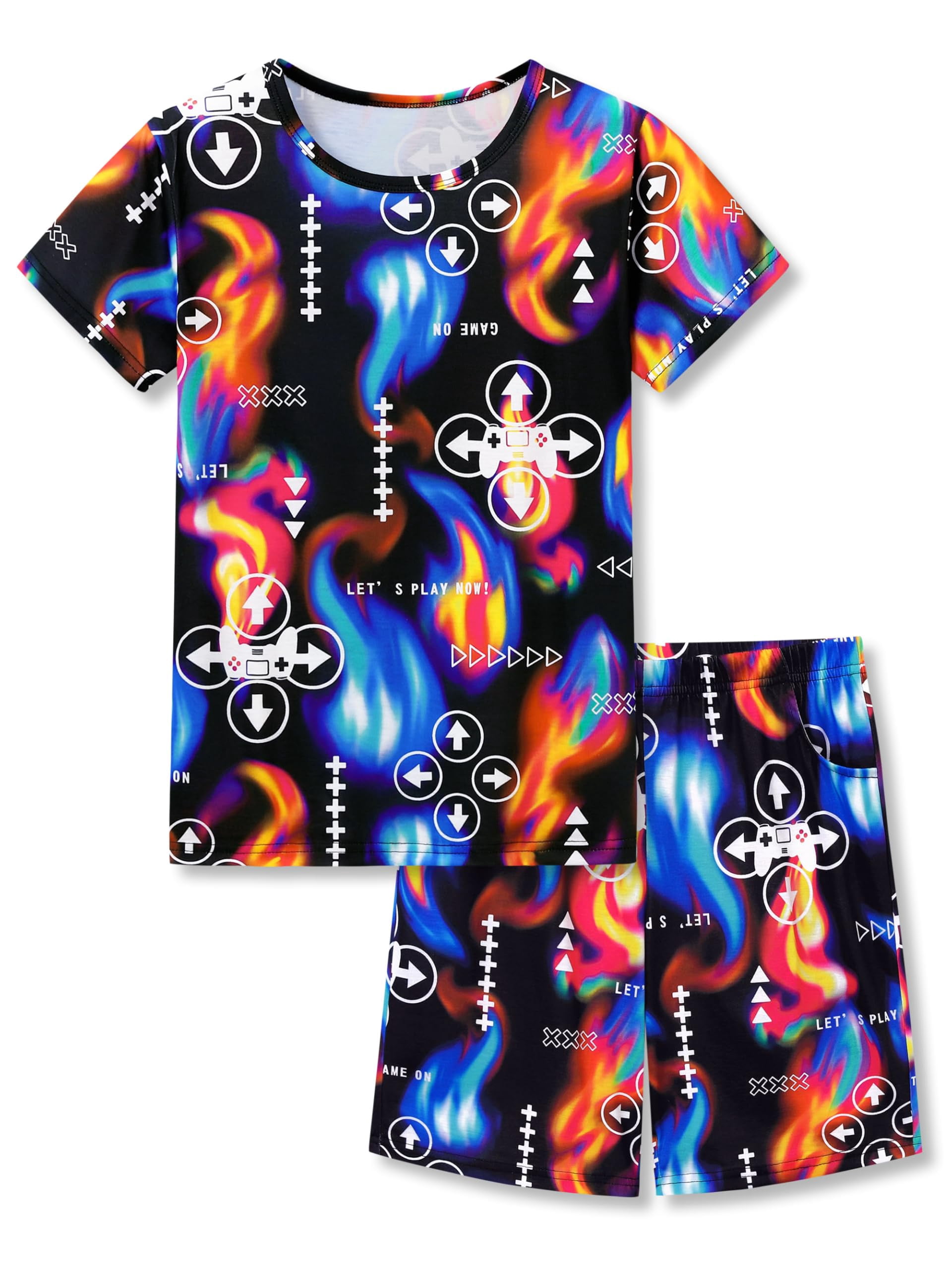 Beezizac Big Boys Pajamas Cool Black Flame Gamer 2-Piece Short Sleeve ...