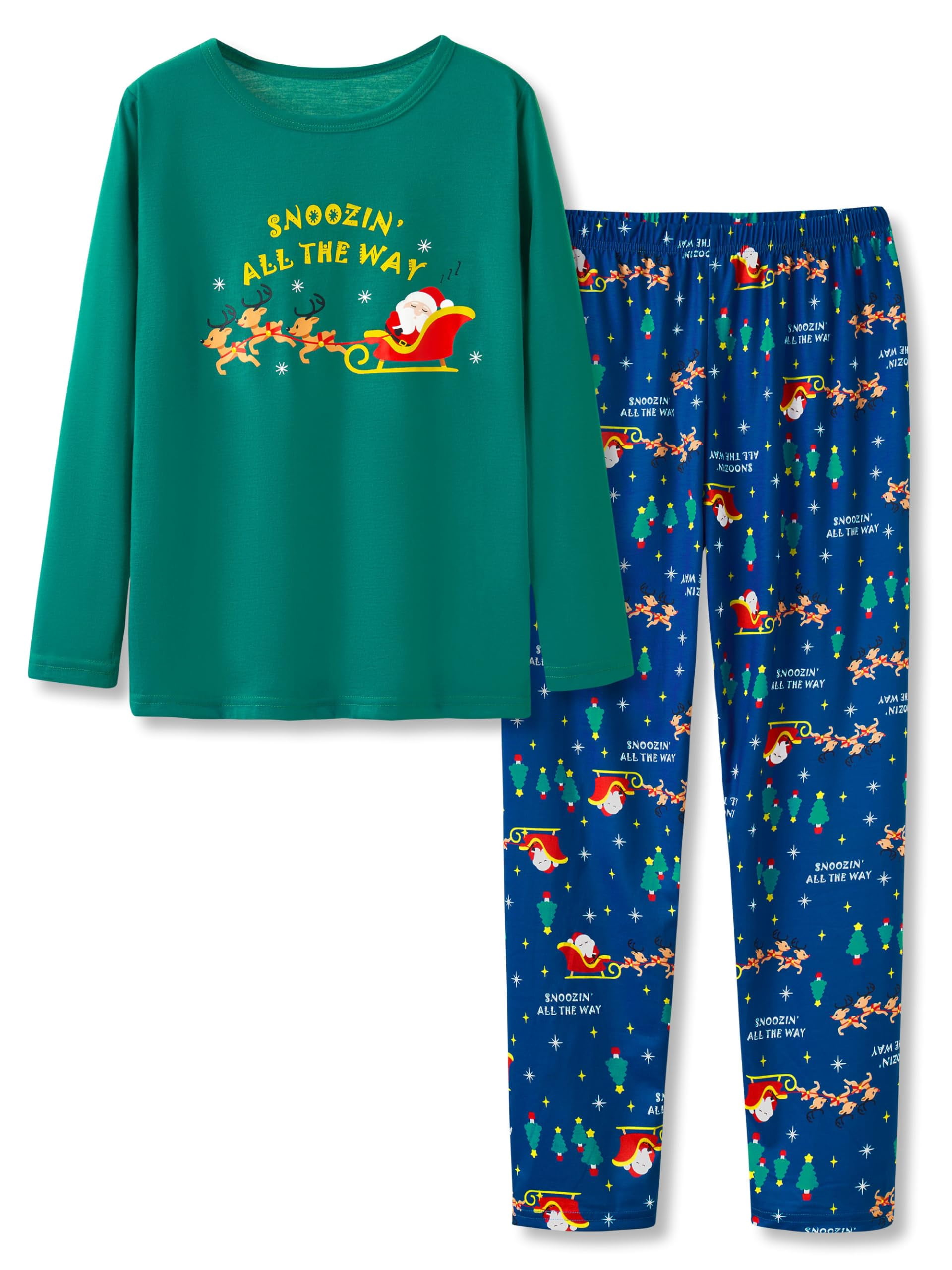 Beezizac Big Girls Christmas Pajamas 2-Piece Cute Green & Navy Santa ...