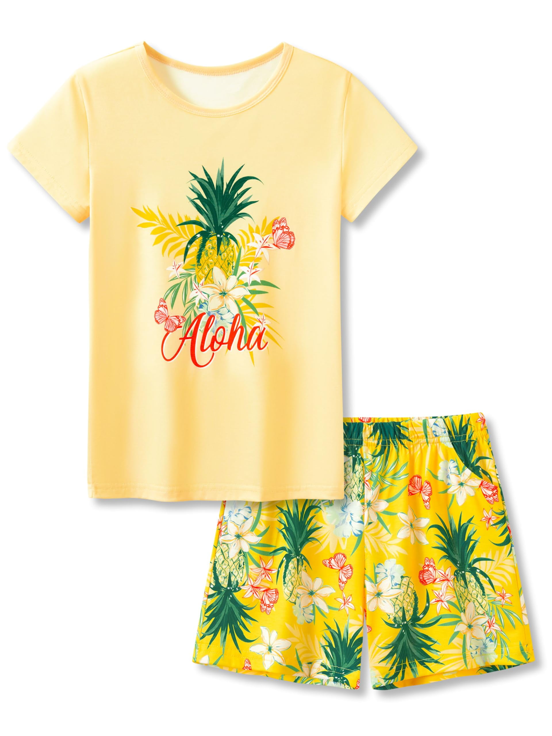 Beezizac Big Girls Cute Yellow Pineapple Pajamas 2-Piece Short Sleeves PJ Set Summer Cozy Kid ...