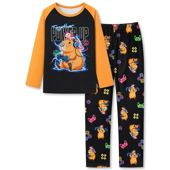 Beezizac Black Orange Chill "Power Up" Capybara Axolotl Pajamas Boys ...