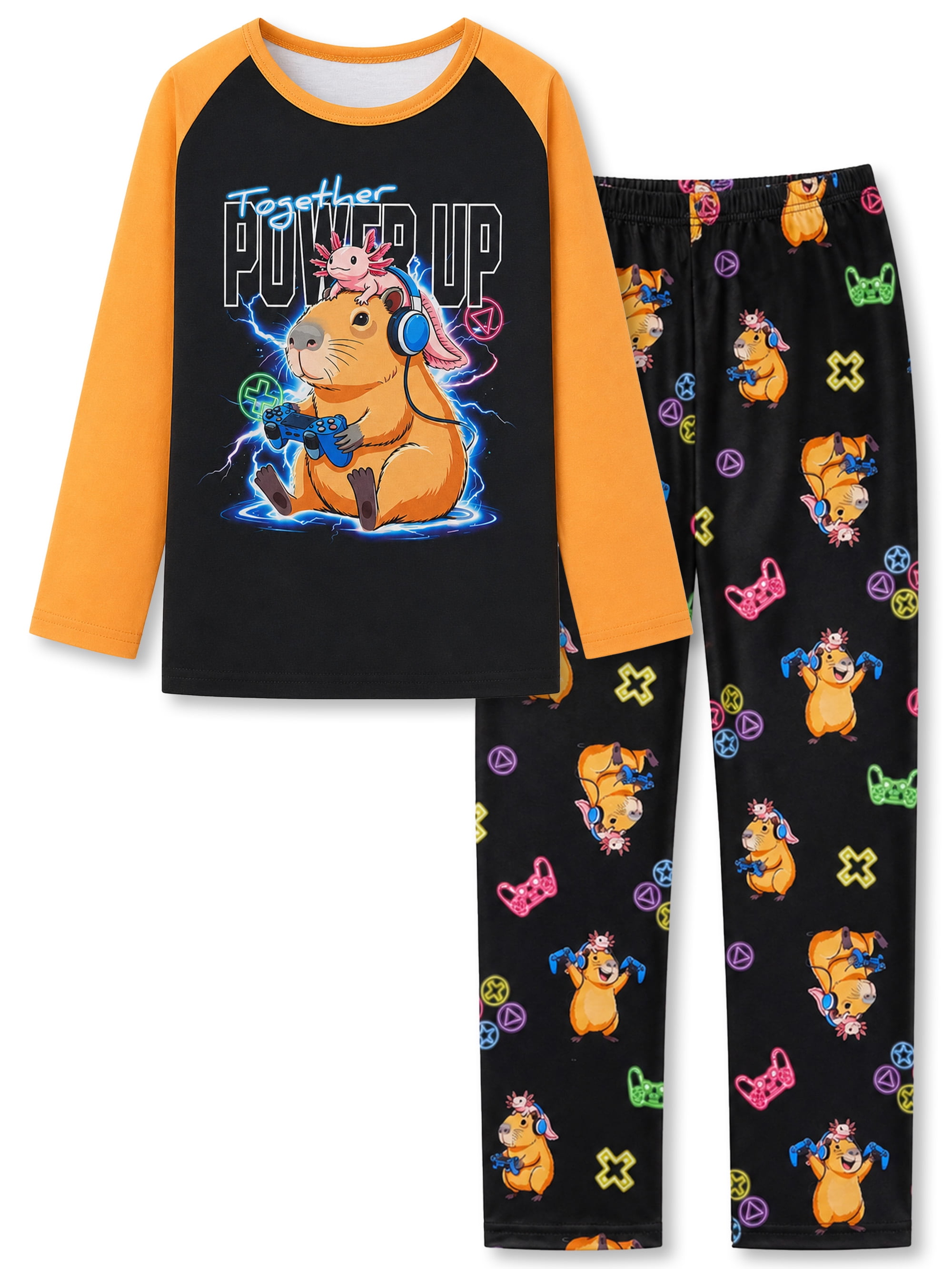Beezizac Black Orange Chill "Power Up" Capybara Axolotl Pajamas Boys ...