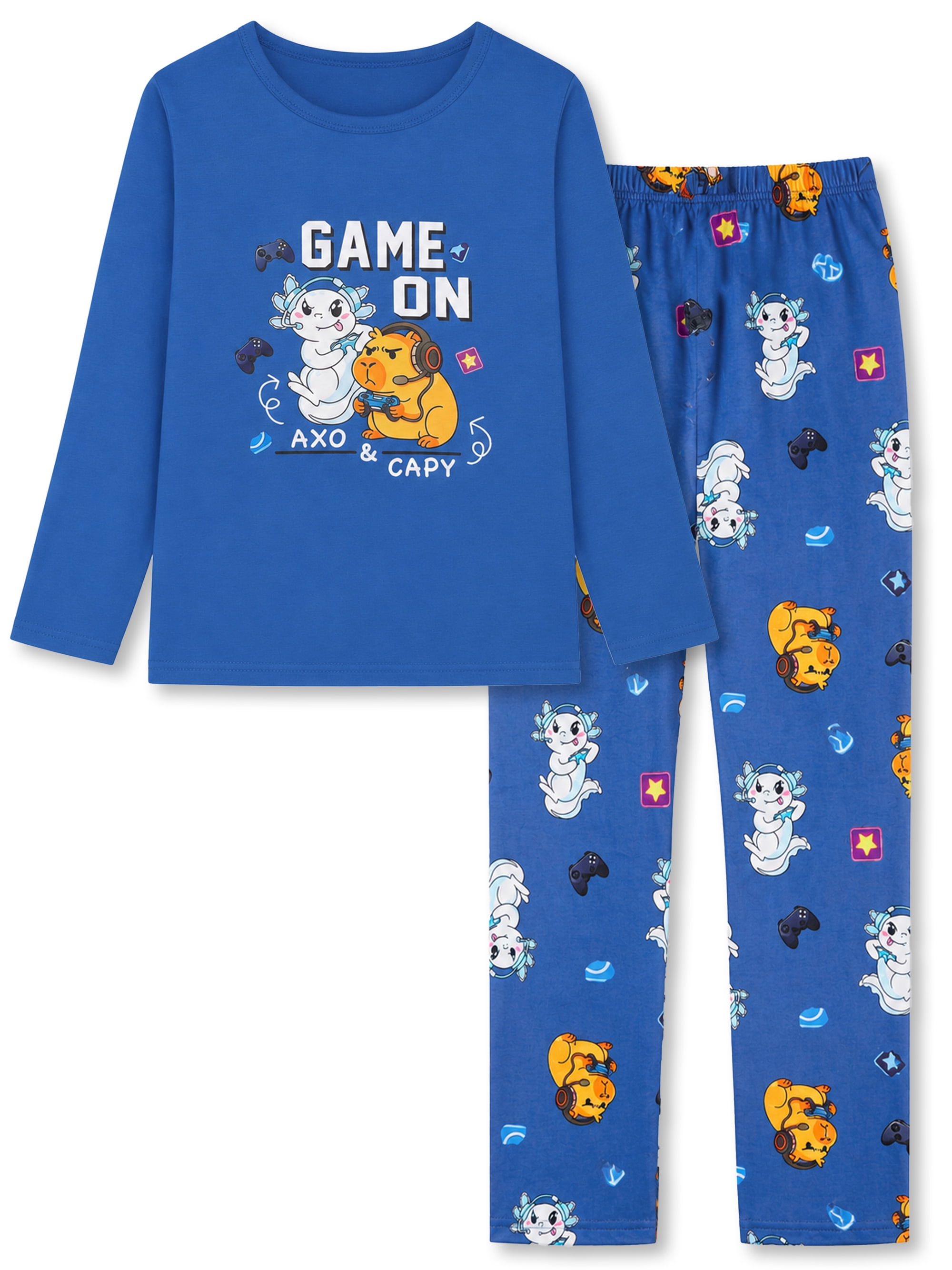 Beezizac Blue Cute "Game On" Capybara Axolotl Pajamas Boys Cozy Long ...