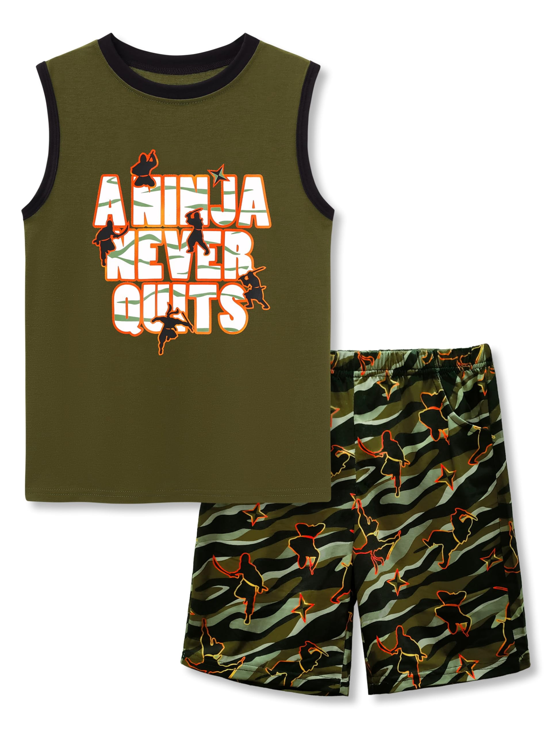 Beezizac Boys Olive Green Ninja Pajamas 2-Piece Cozy Tank Top & Shorts ...