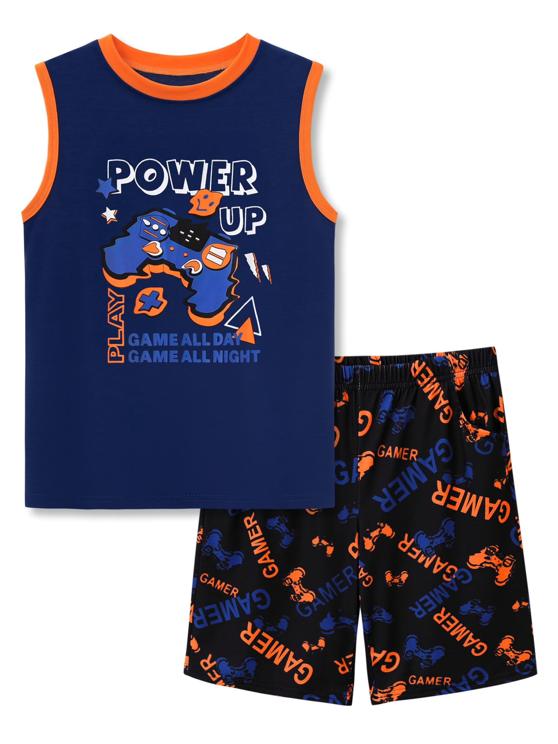 Beezizac Boys Pajamas Navy & Orange Power Up 2-Piece Tank Top & Shorts ...