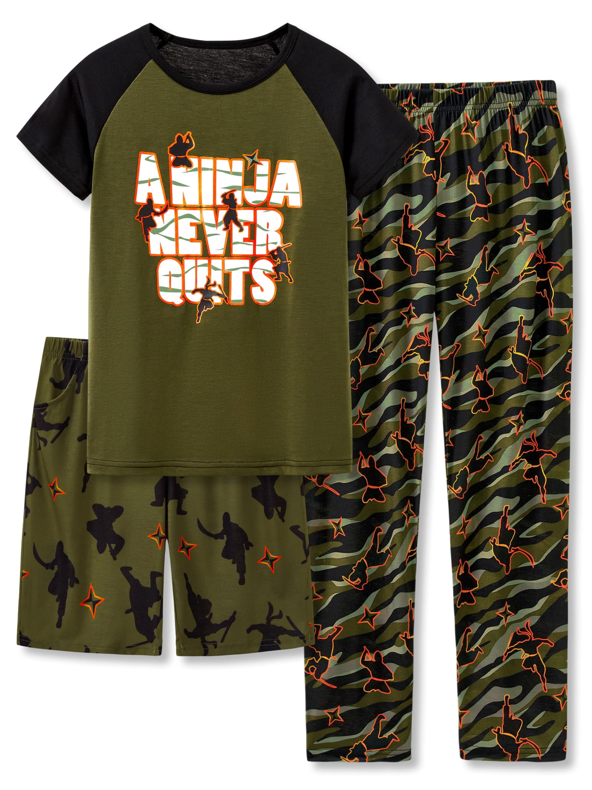 Beezizac Boys Pajamas Olive Green Ninja 3-Piece Short Sleeves Short ...