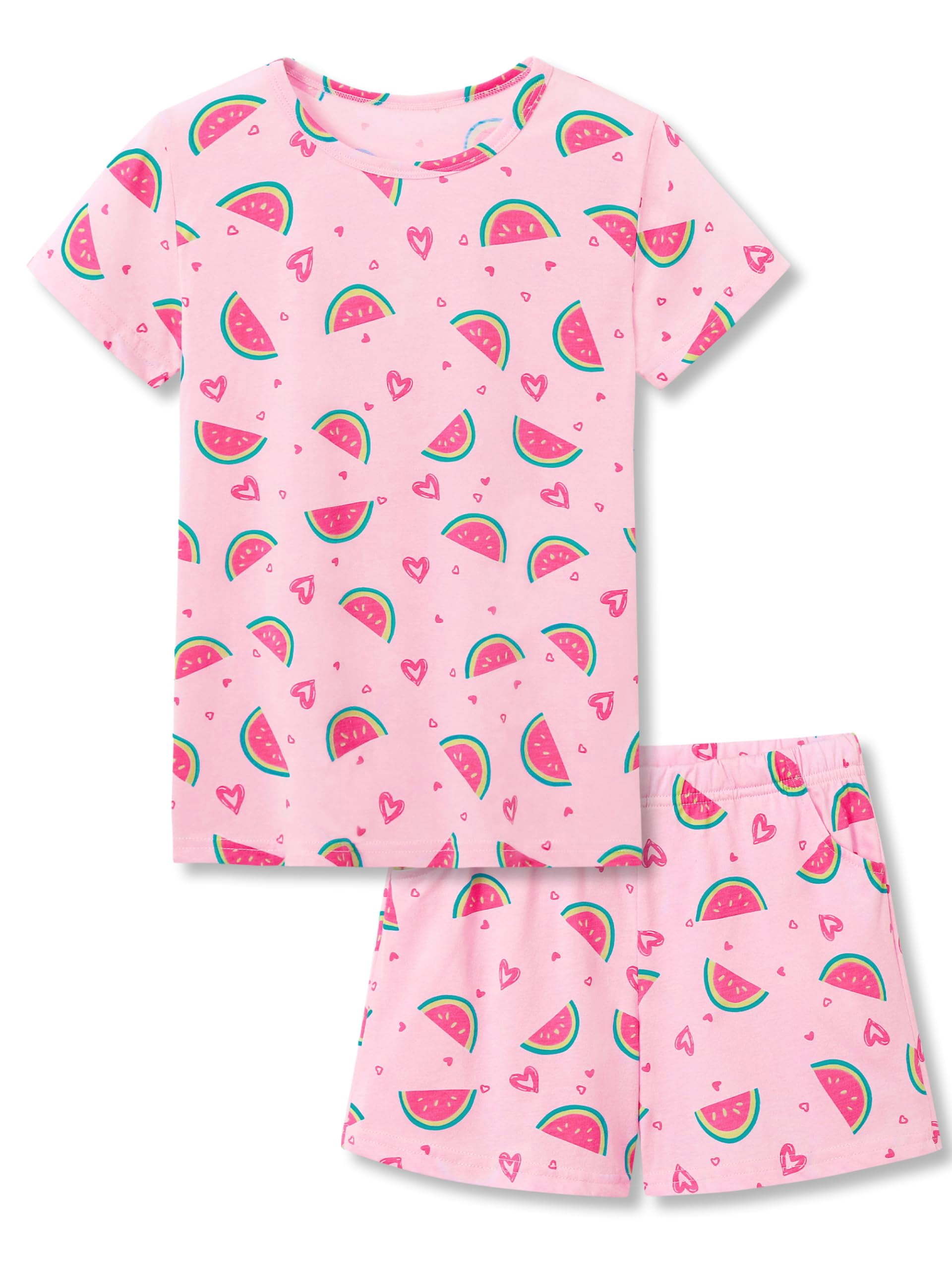 Beezizac Cotton Pajama for Girls - Pink Watermelon & Heart Short Sleeve ...
