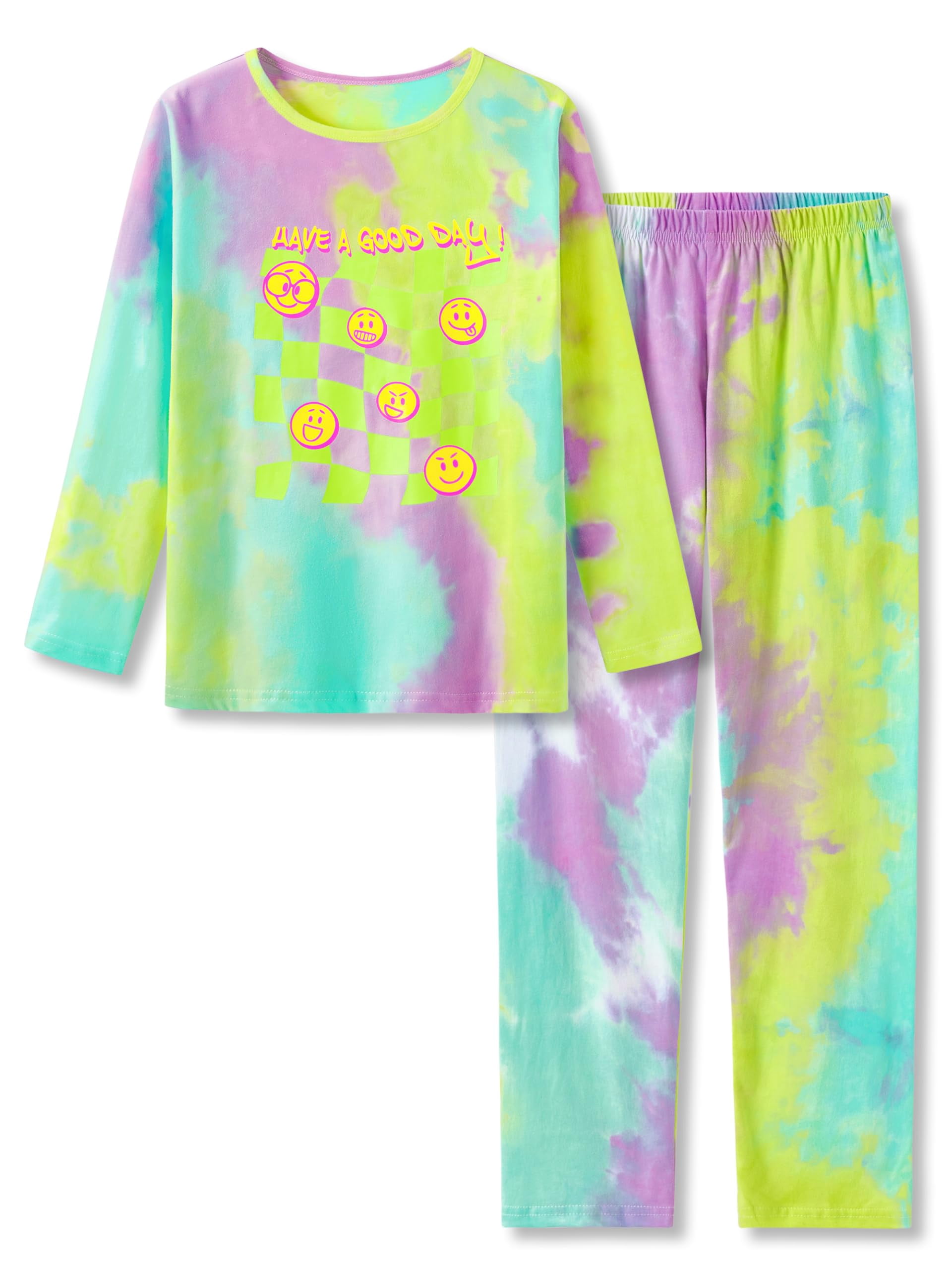 Beezizac, Cotton Pajama Set for Girls, Size 12, Tie Dye Checker & Face ...