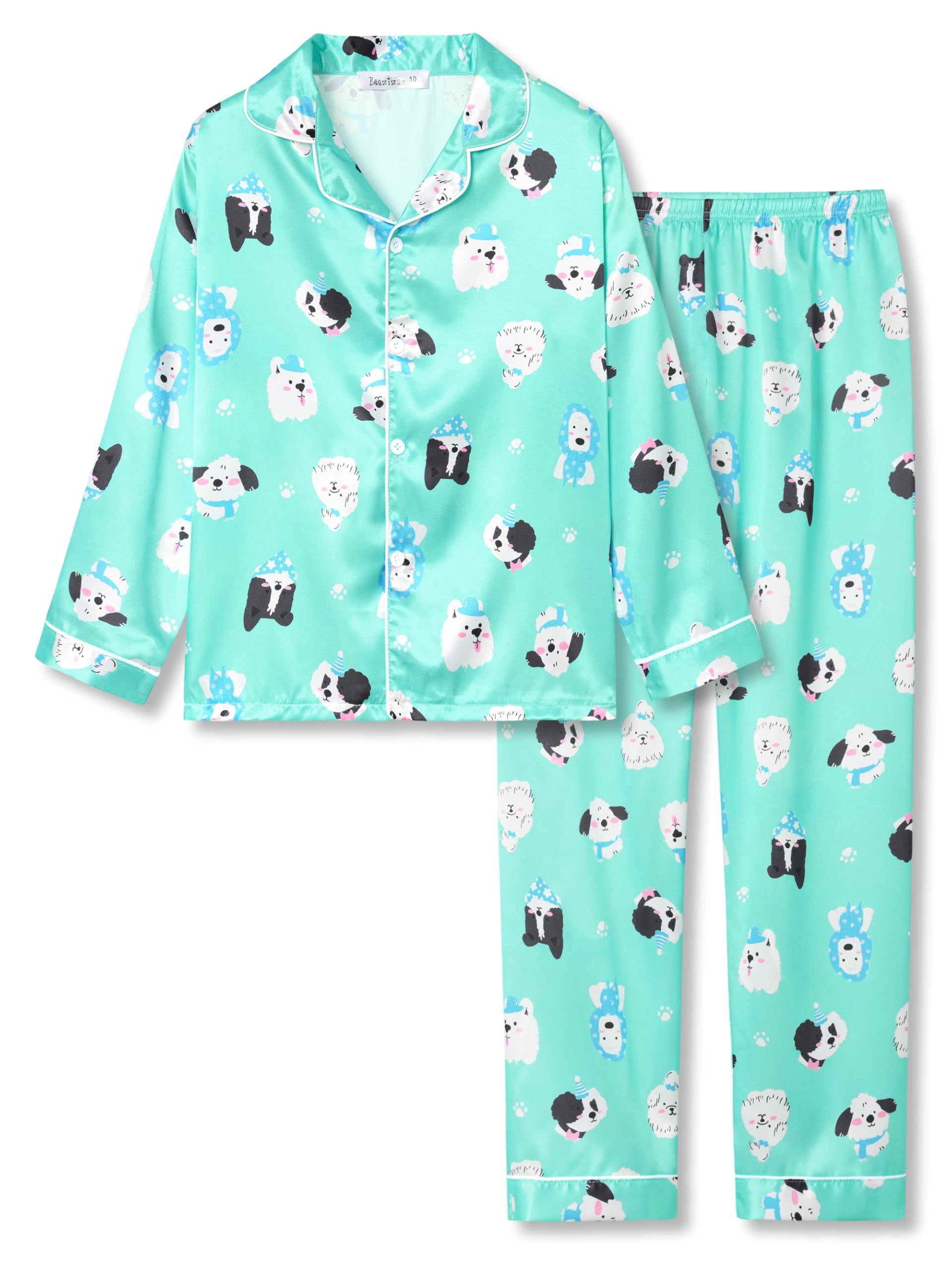 Beezizac Girls Pajama Sets Green Dogs Satin Silky Long Sleeves Winter ...