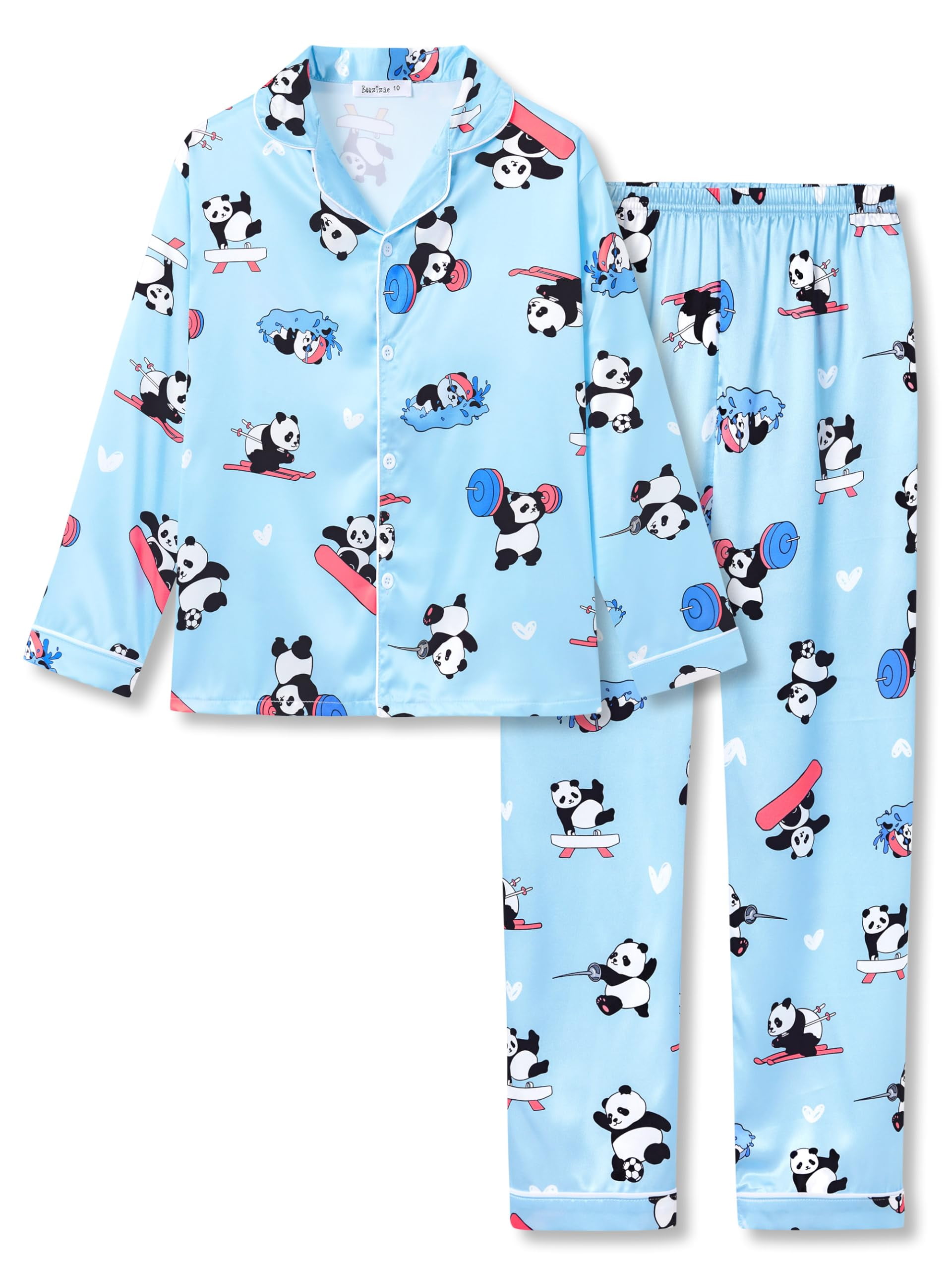 Beezizac Girls Satin Silky Pajama Panda Blue Cute Long Sleeve & Pants ...