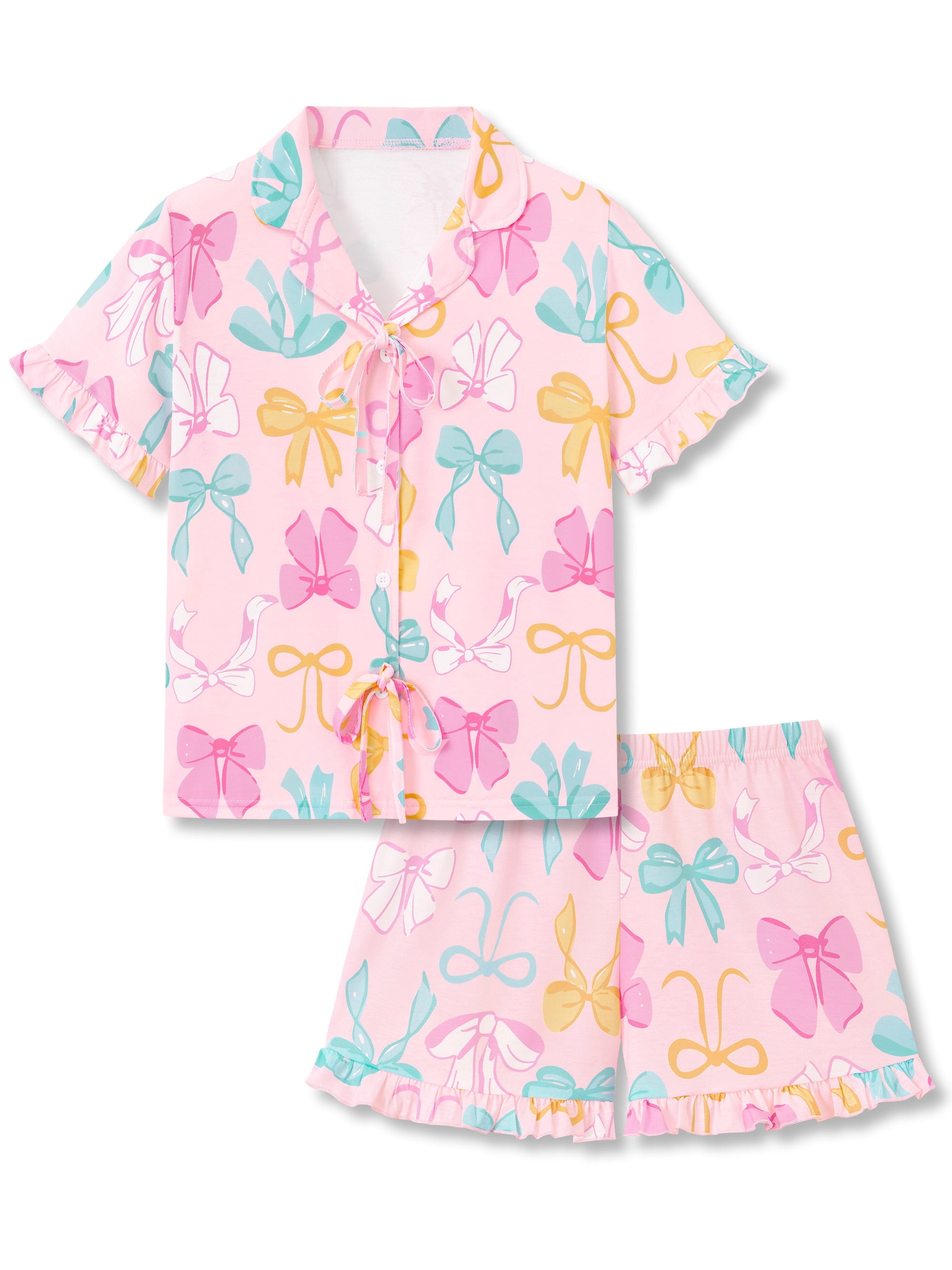 Beezizac Girls' Short Sleeve Pajama Set All-Over Colorful Bows Print ...