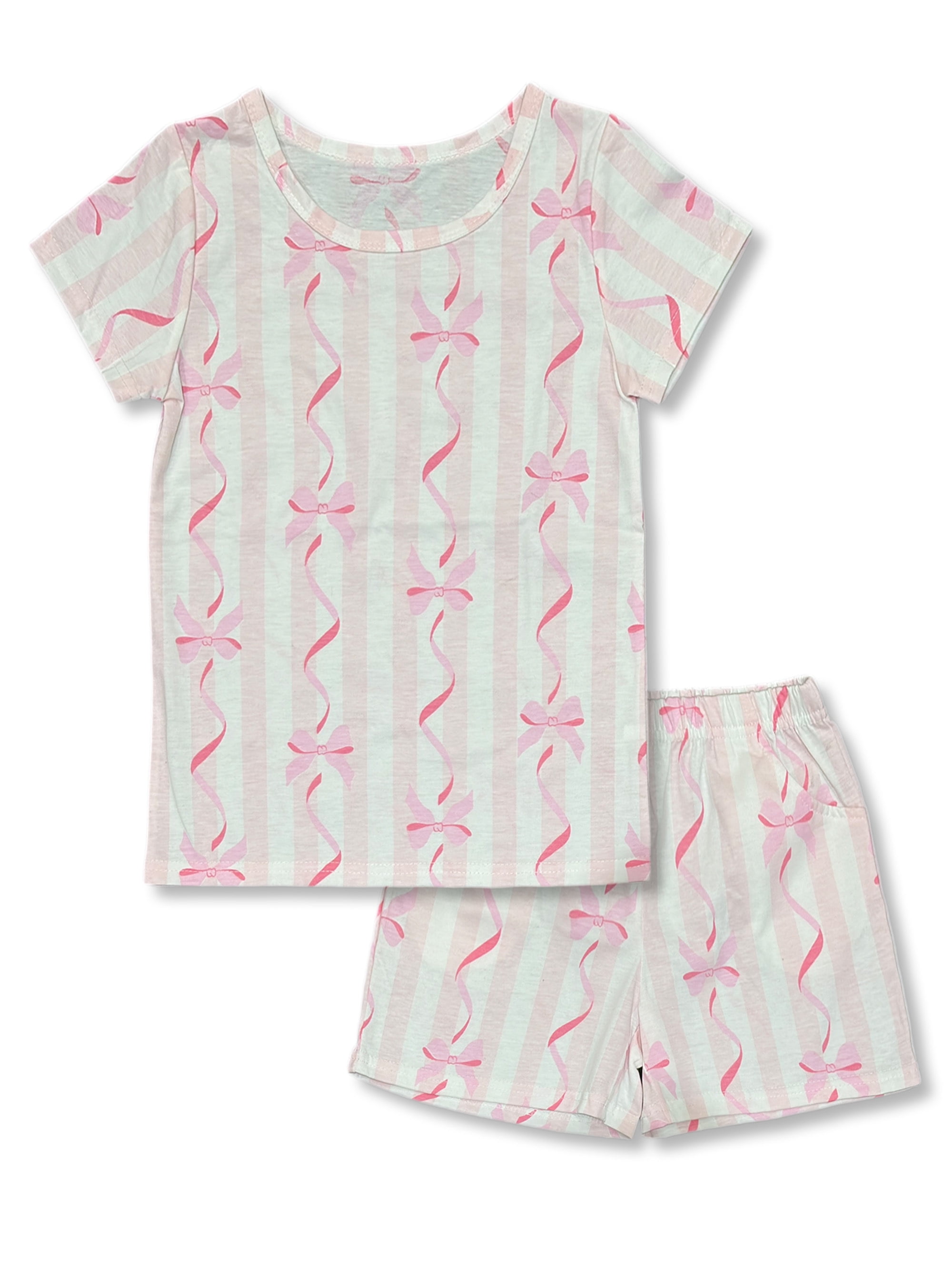Beezizac Girls' Short Sleeve Pajama Set All-Over Pink Striped Bow Print ...