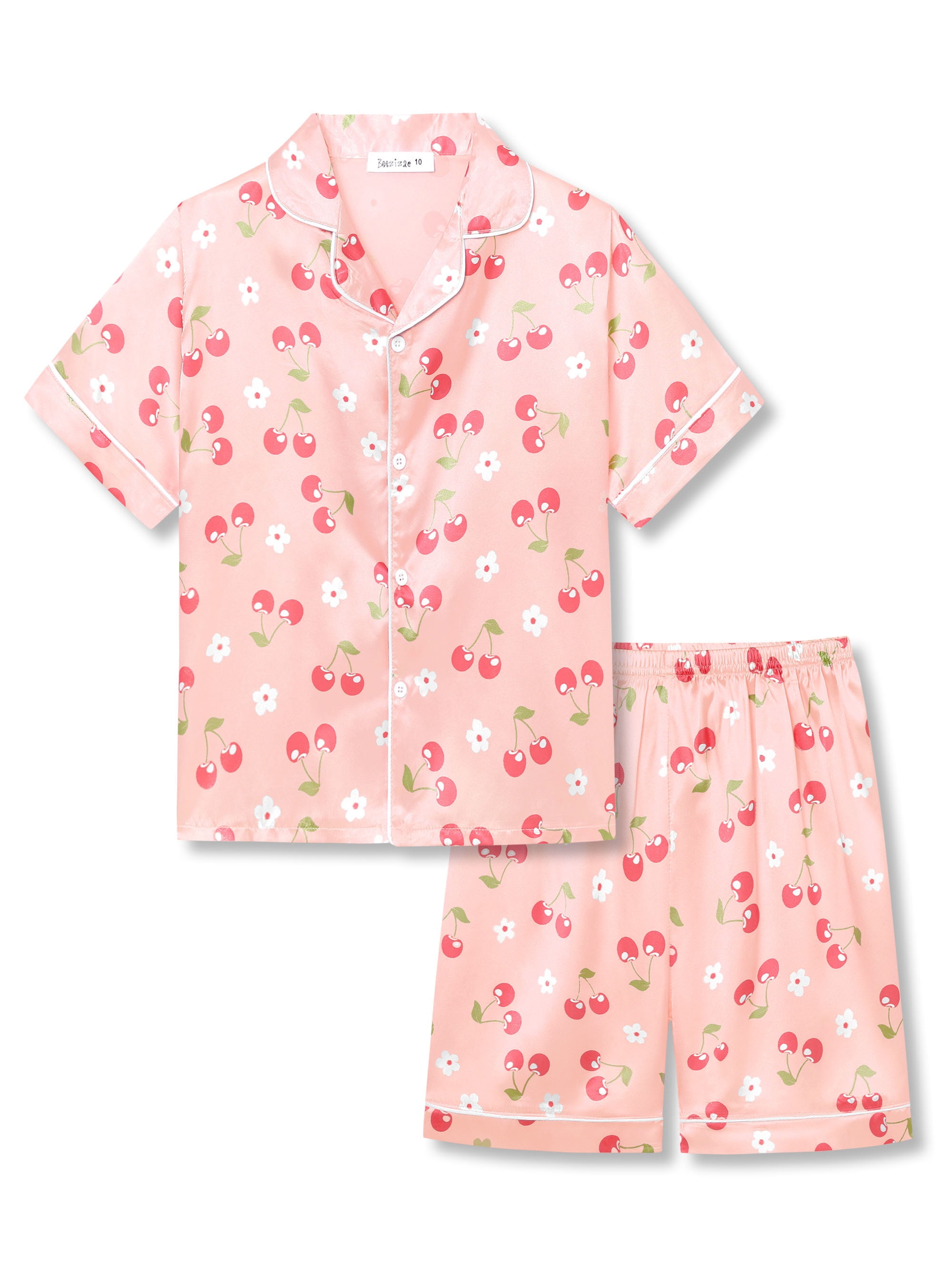 Beezizac Girls' Silky Satin Pajama - Pink Cherry Short Sleeves Set ...