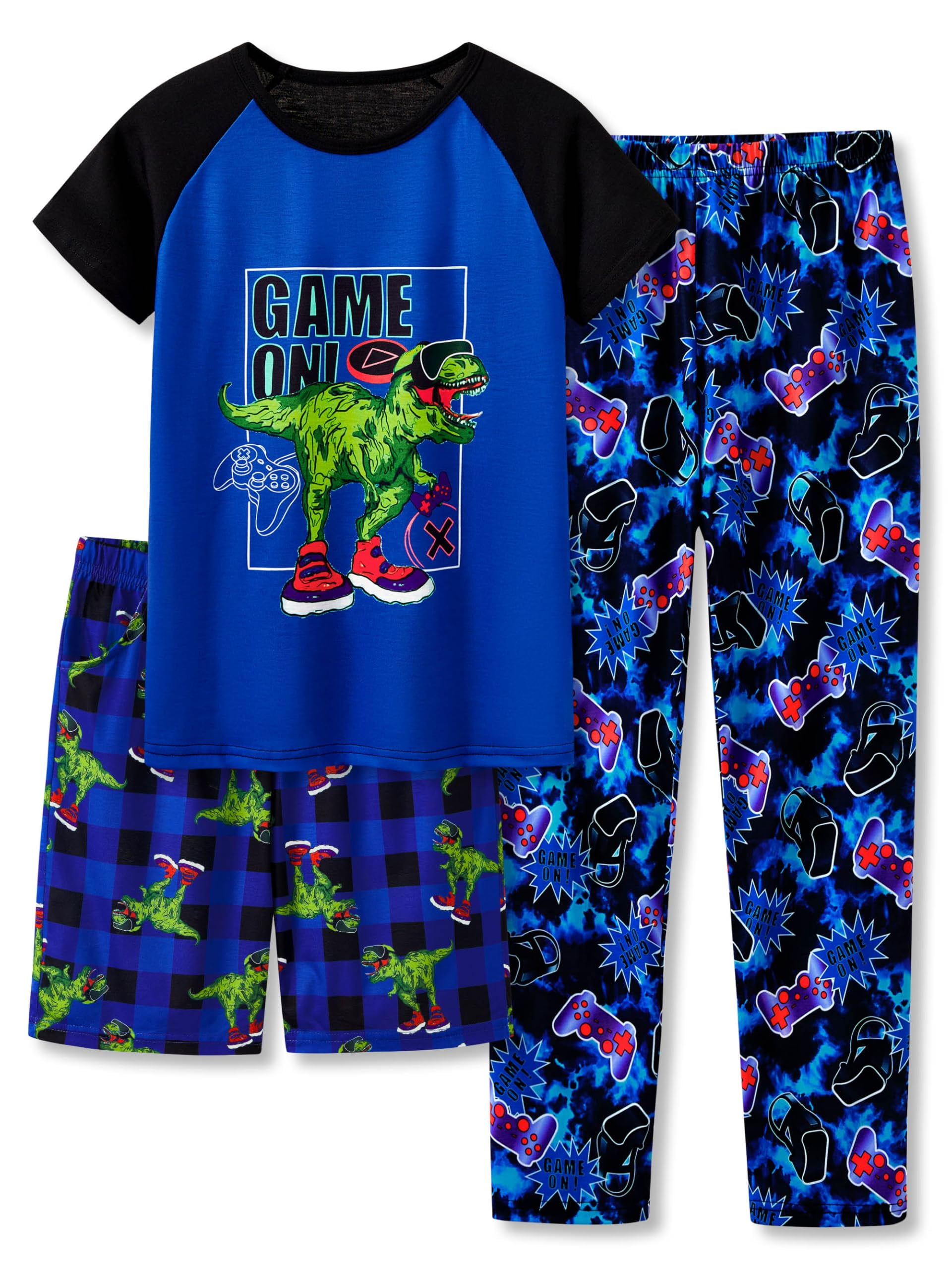 Beezizac Little Big Boys Dino & Gamer Pajamas 3-Piece Short Sleeves Set ...