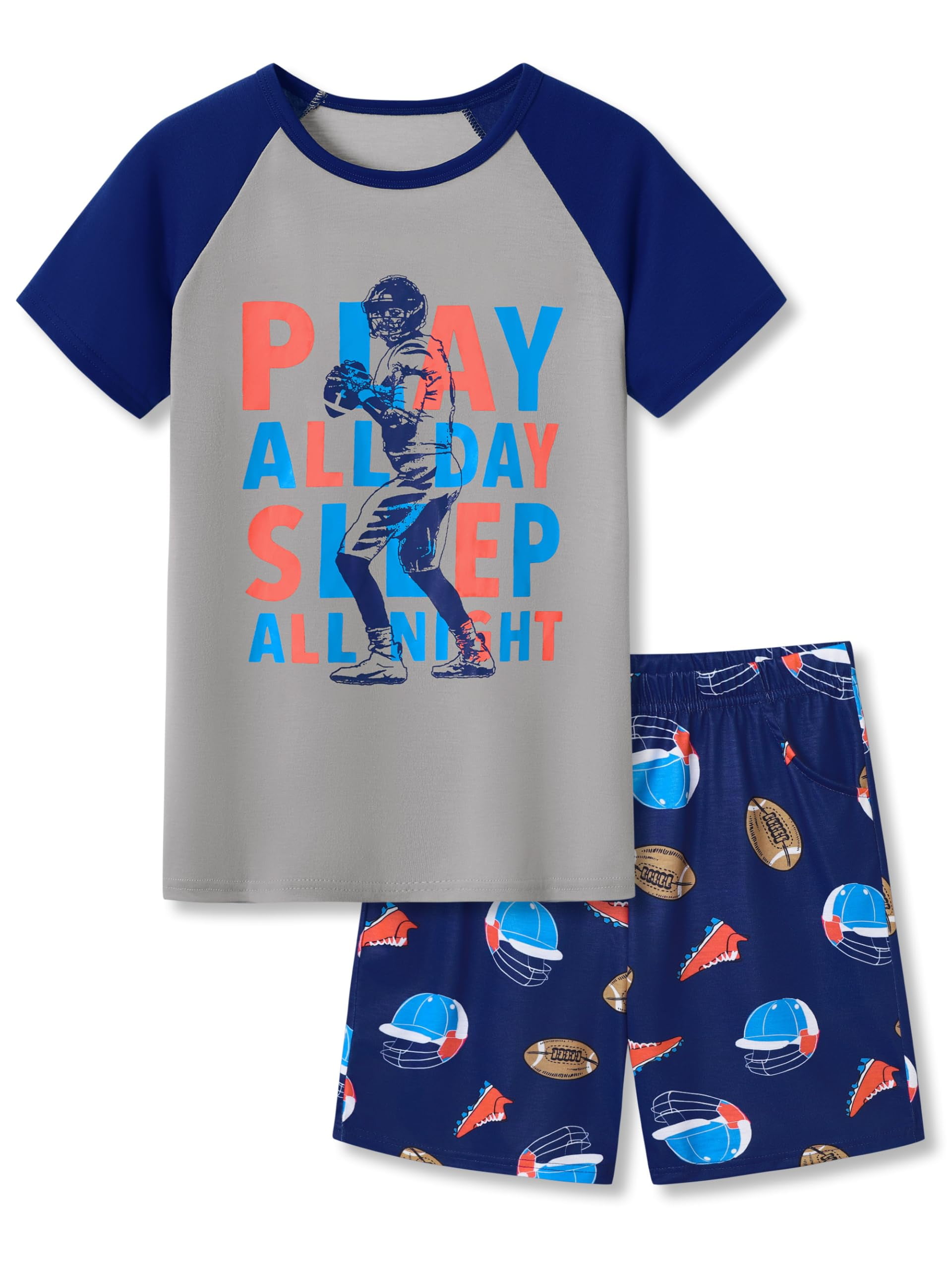 Beezizac Little Big Boys Pajamas Gray & Navy Football Sport 2-Piece ...