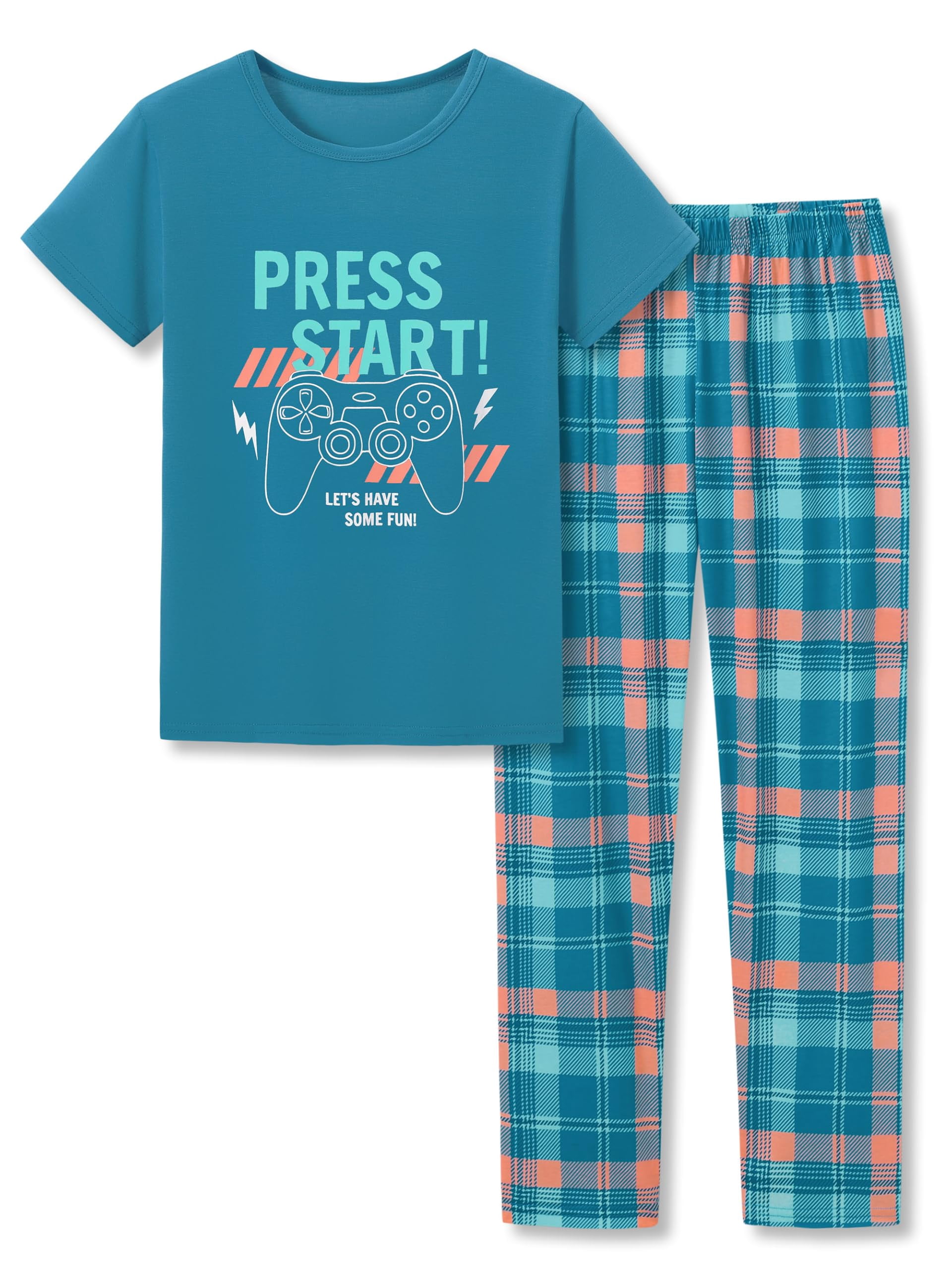 Beezizac Little & Big Boys Pajamas PRESS START Blue Plaid Gamer Short ...