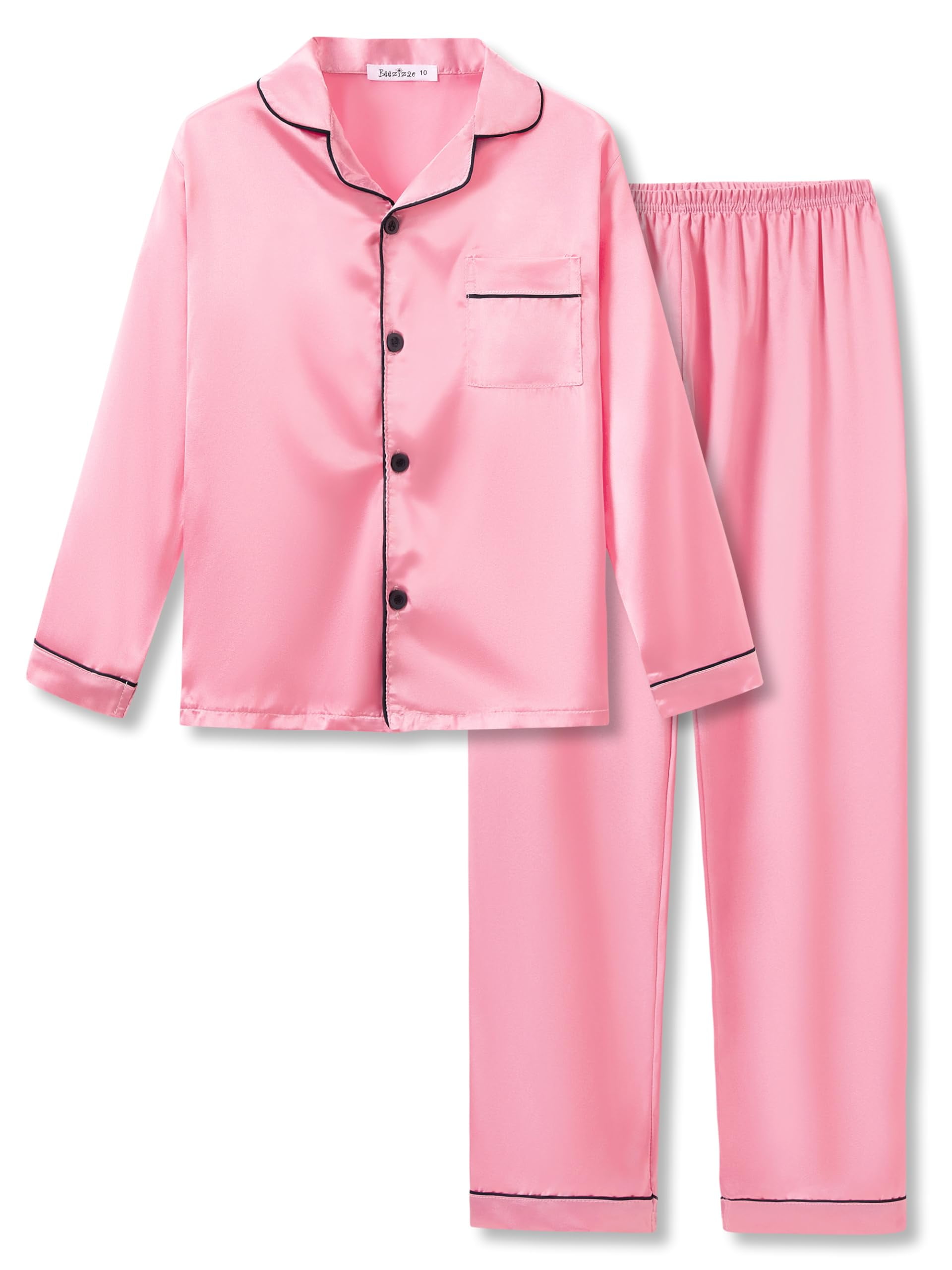 Beezizac Little & Big Girls Pajama Set Size 8 - Pink Satin Silky Long ...