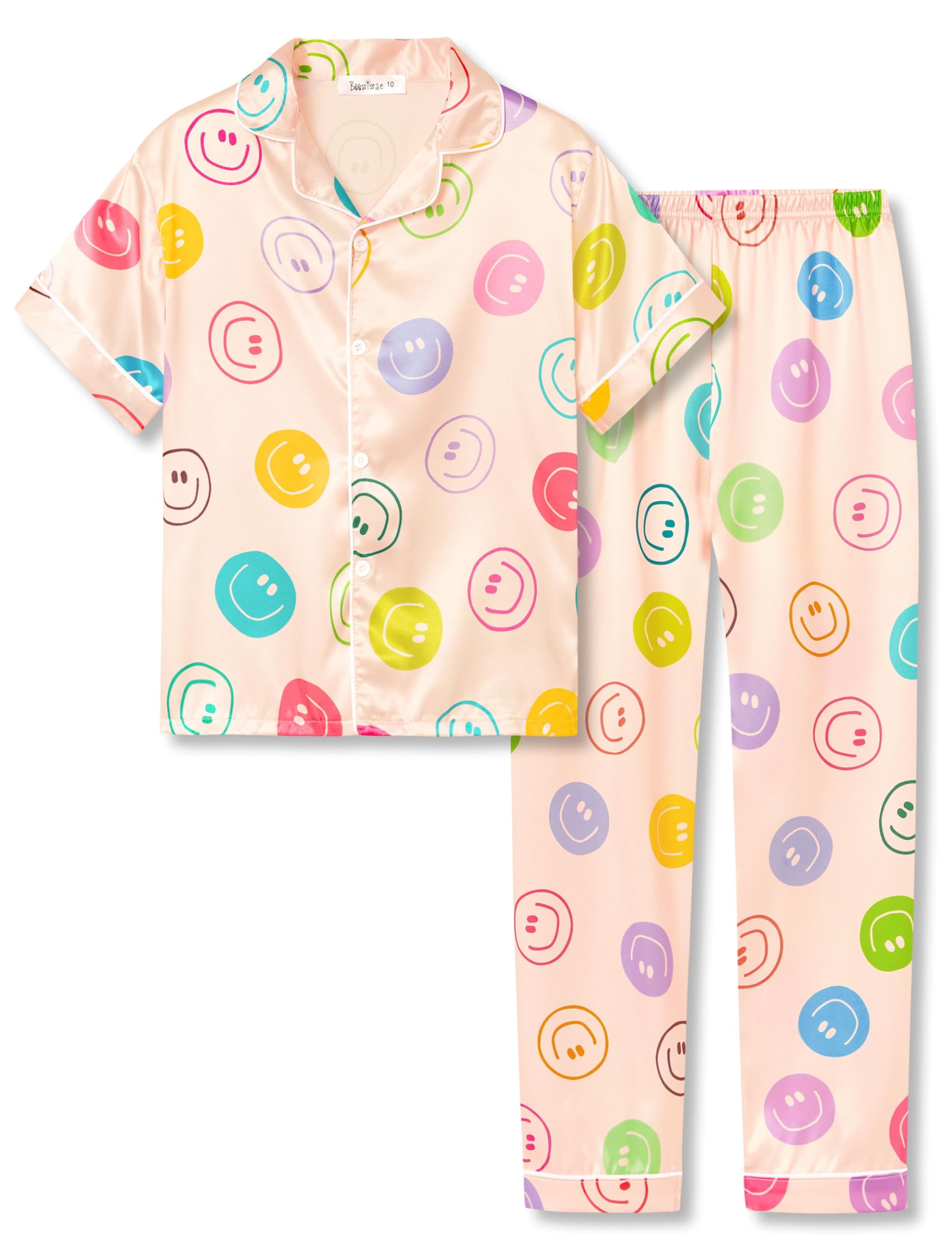 Beezizac Pajama for Girls Satin Silky Short Sleeve & Pants Set Faces ...