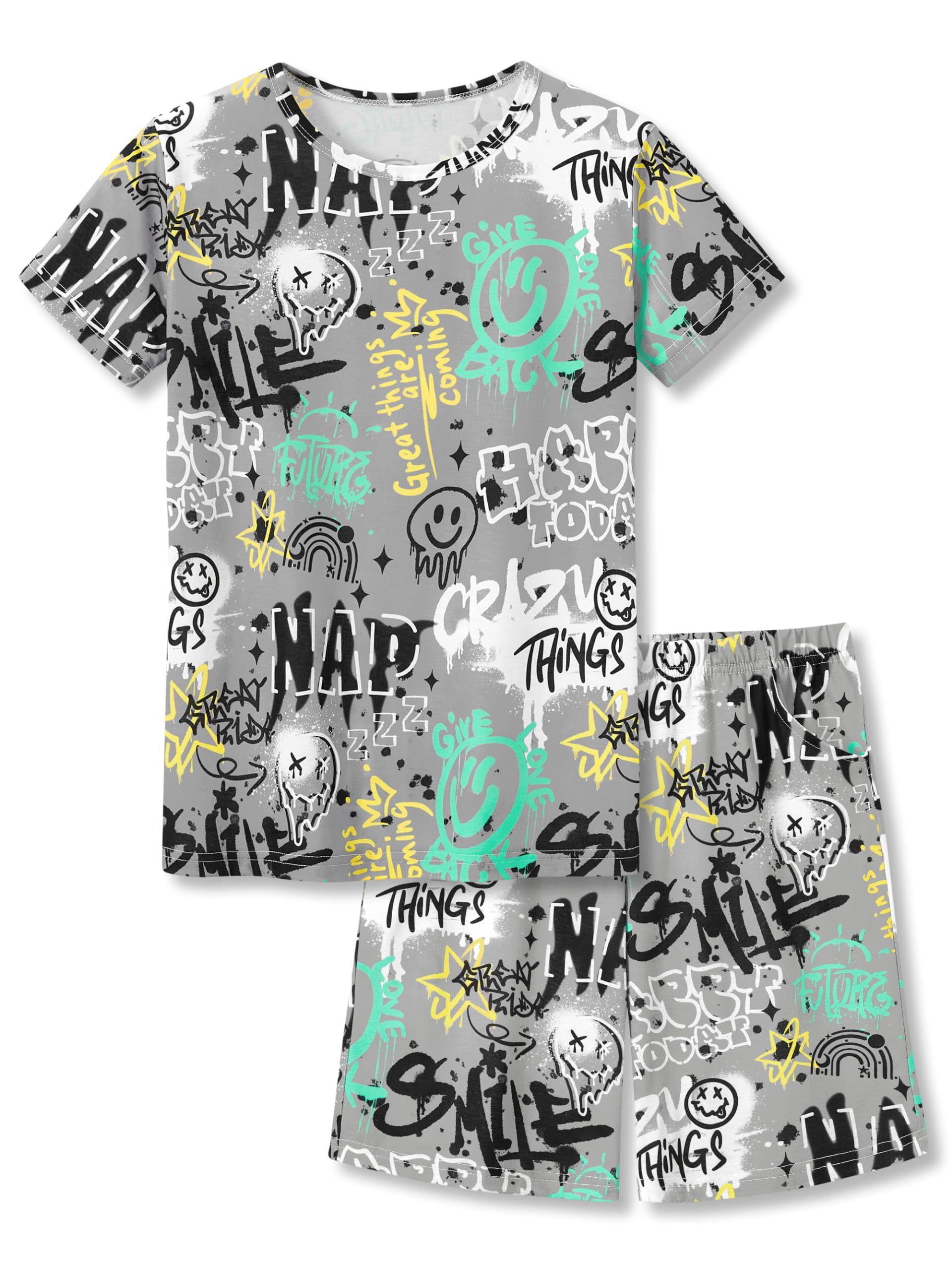 Beezizac Pajamas for Big Boys Fun Gray Graffiti Short Sleeve 2-Piece PJ ...
