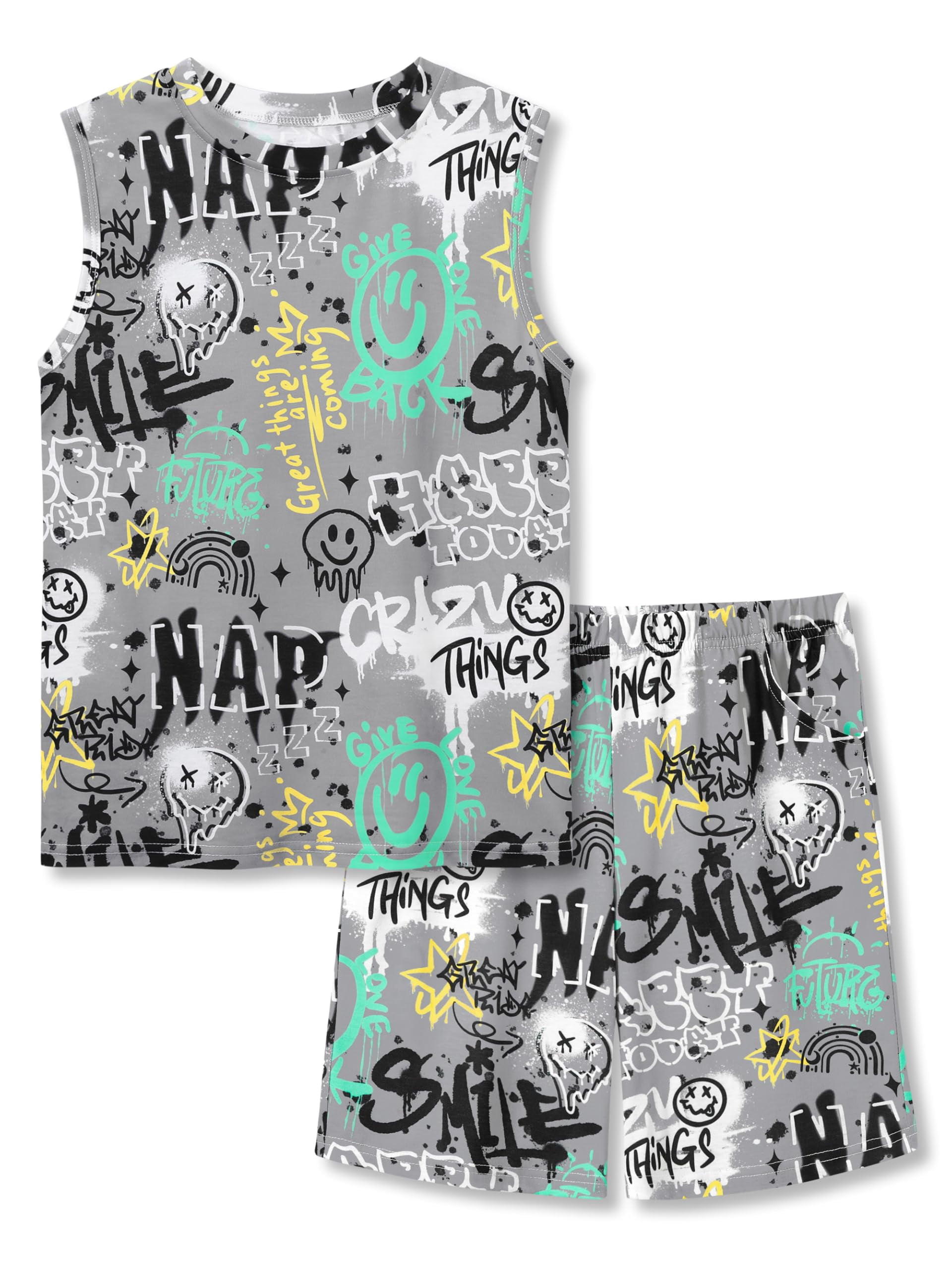 Beezizac Pajamas for Boys Cool Gray Graffiti Tank Top & Shorts Sleeve 2 ...
