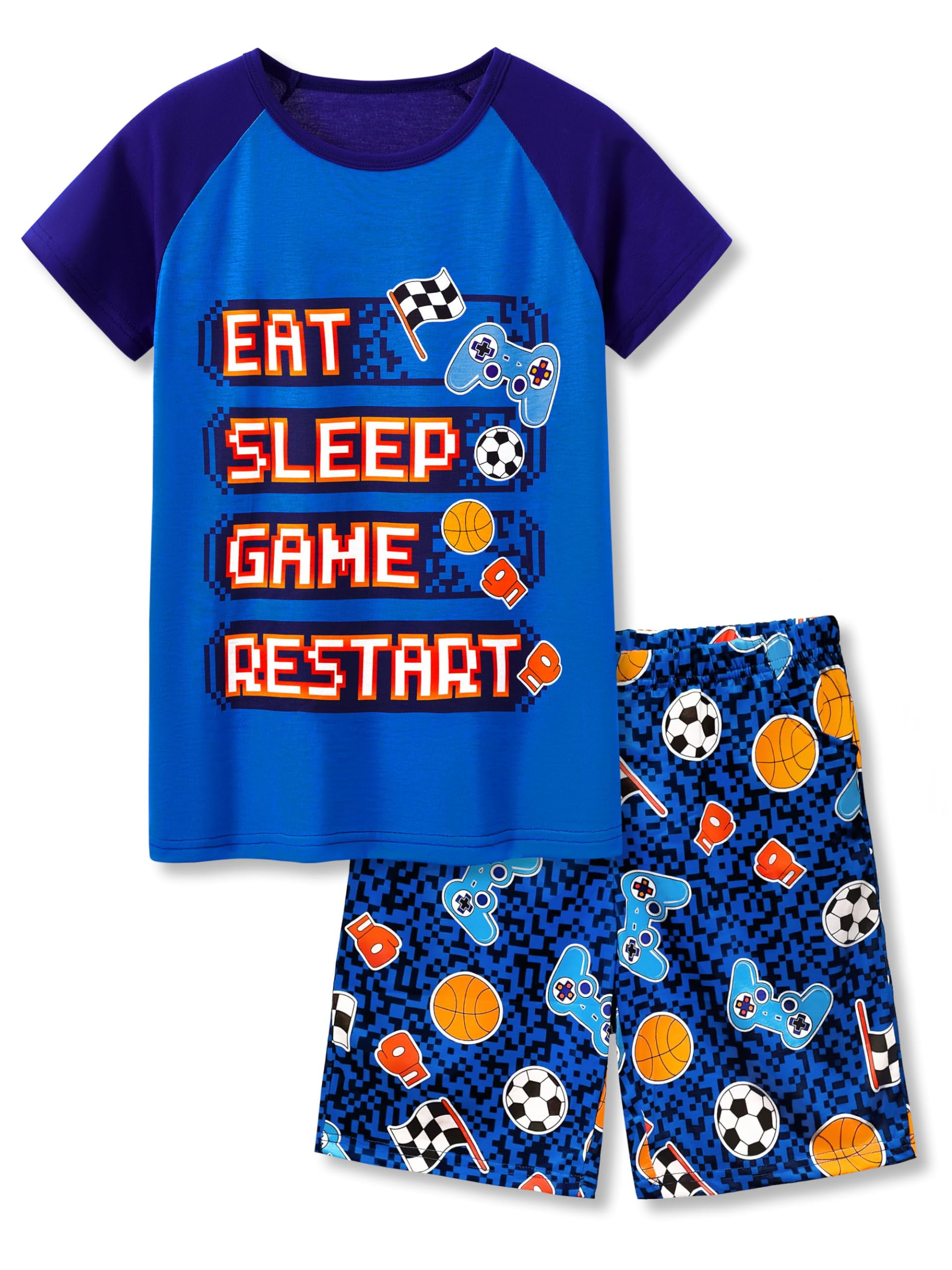 Beezizac Pajamas for Boys Fun Blue Gamer Short Sleeve 2-Piece PJ Set ...