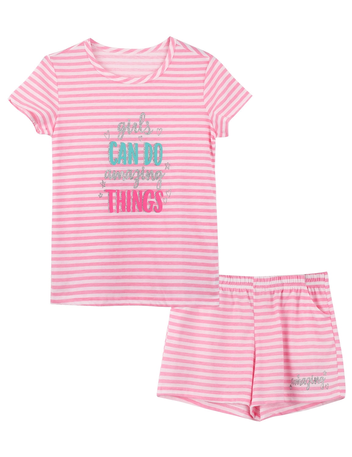 Beezizac Summer Pajamas For Girls – Pink Stripe & Glittering Heart PJS ...