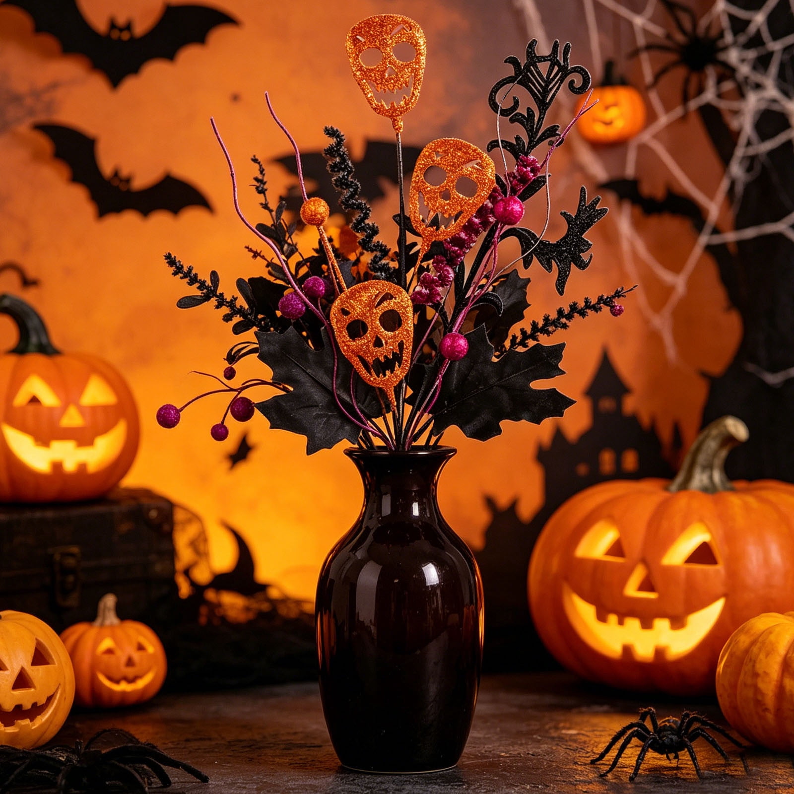 Beforeyayn Glitter Skull and Pumpkin Floral Set, 9 Halloween ...