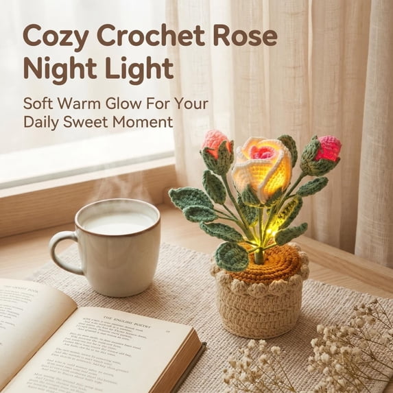 Beforeyayn Hand-crocheted Night Light, Rose potted decorative light for ...