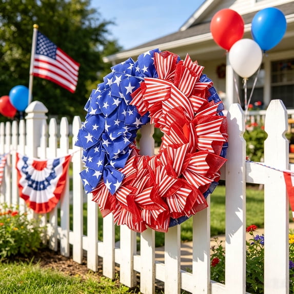 Beforeyayn Independence Day Wreath, Red White Blue Star Striped Fabric ...