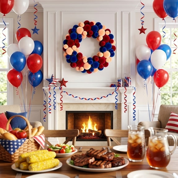 Beforeyayn Pompom Wreath Patriotic Theme, Red Blue And Beige Front Door ...
