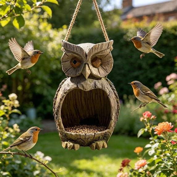 Beforeyayn Rural Owl Shape Wooden Hanging, Outdoor Garden Bird Feeder ...