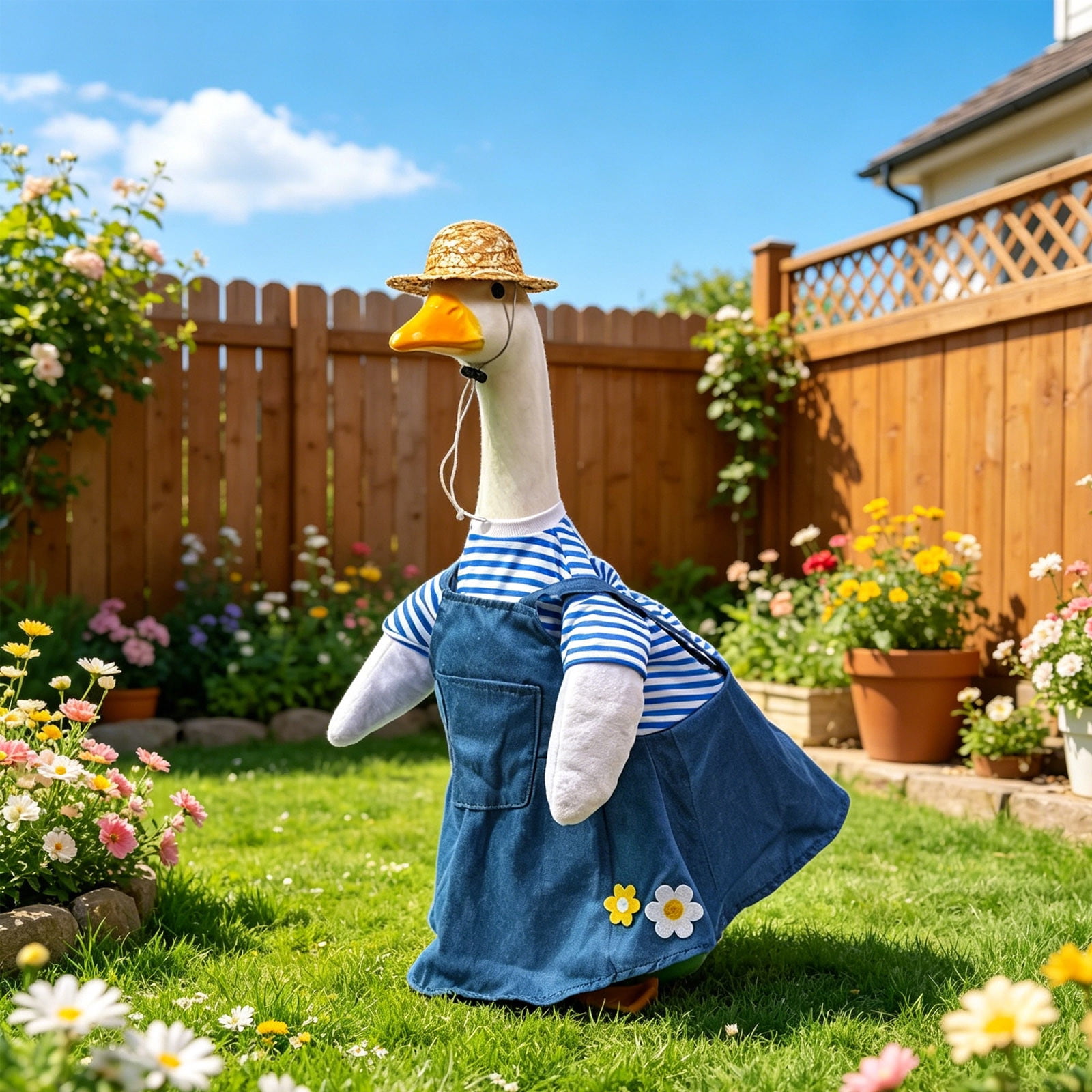 Beforeyayn Summer Straw Hats Striped Denim Overalls, Big White Gooses ...