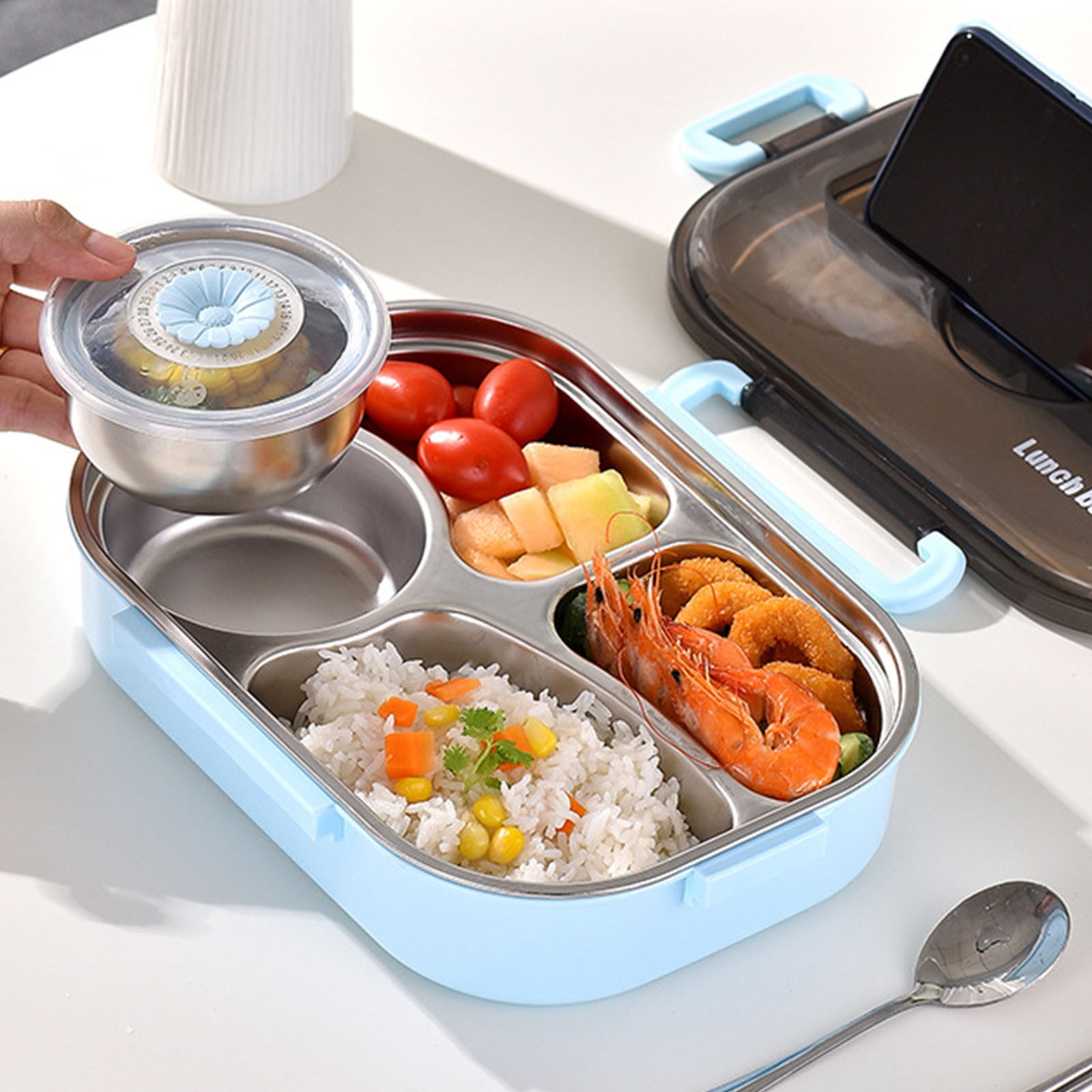 Thermal Insulated Bento Box with 4 Grids, Soup Bowl, Stainless Steel ...
