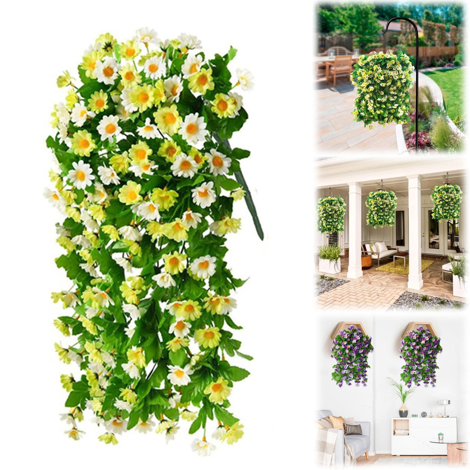 Begine 2-Pack Artificial Hanging Mum Flowers, White Yellow Faux Floral ...
