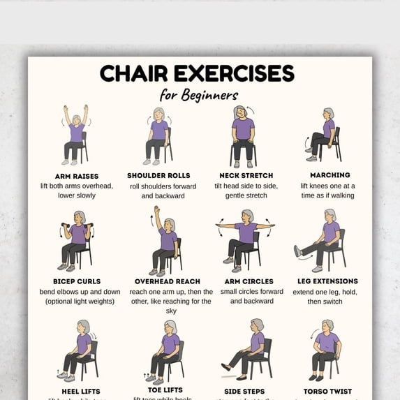 Beginner 16 Step Chair Exercise Poster, Sitting Exercise Plan, Chair ...