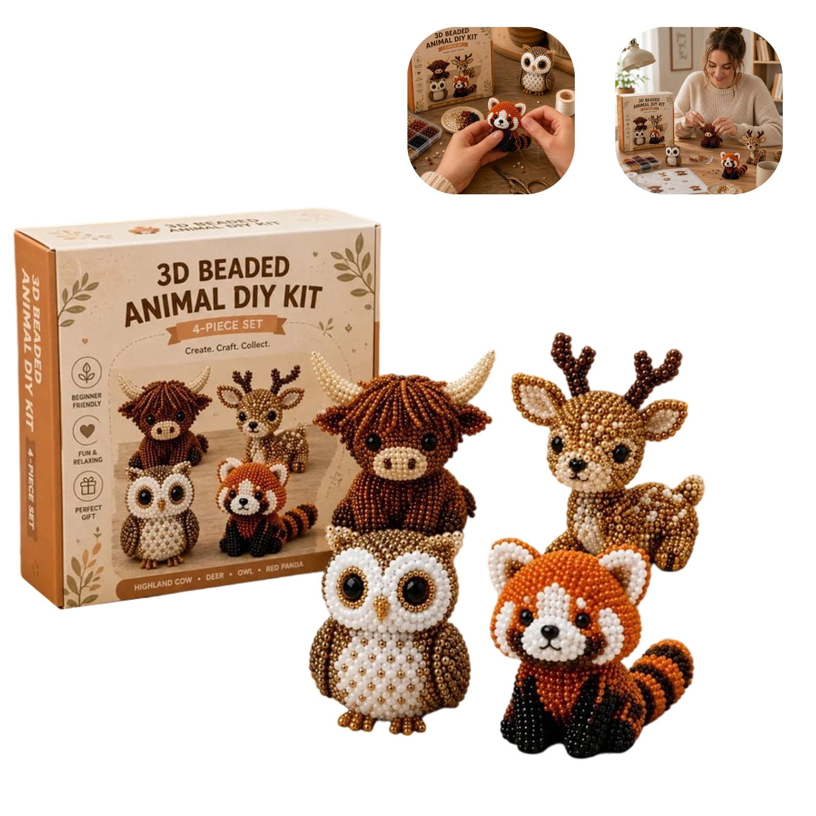 Beginner 3D Woodland Friends Beaded Animal Kit, 4-Pack DIY Bead Pets ...
