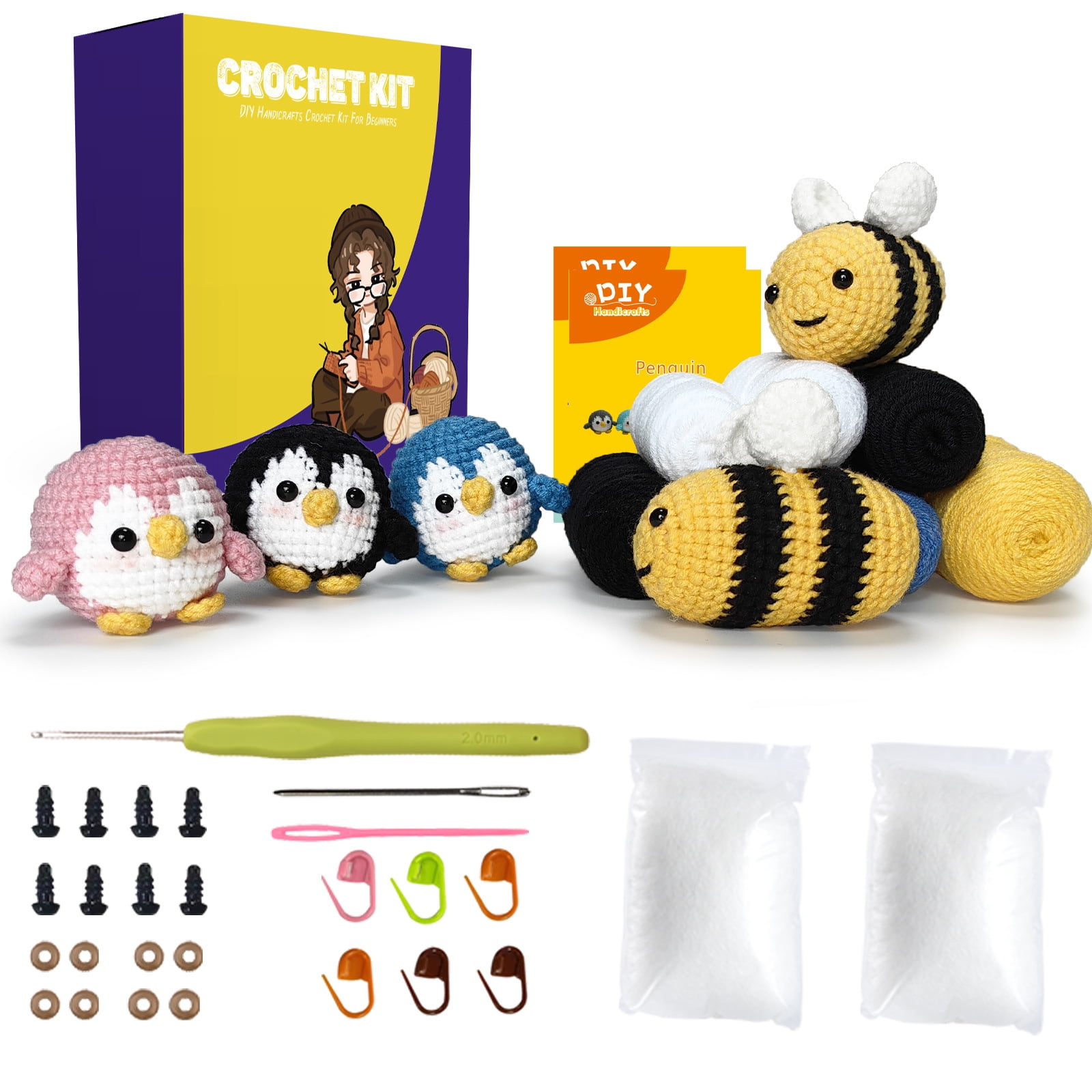 Beginner Animal Crochet Kit - Cute Bees and Penguins,Crochet Kits for ...