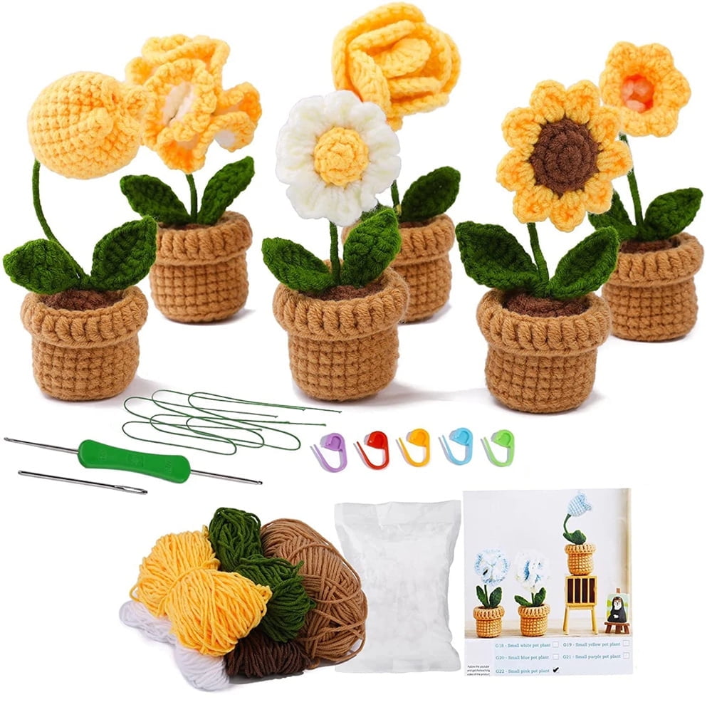 Yayun Beginner Crochet Kit, DIY Sunflower & Trulip Potted Plants, 6 Pcs ...