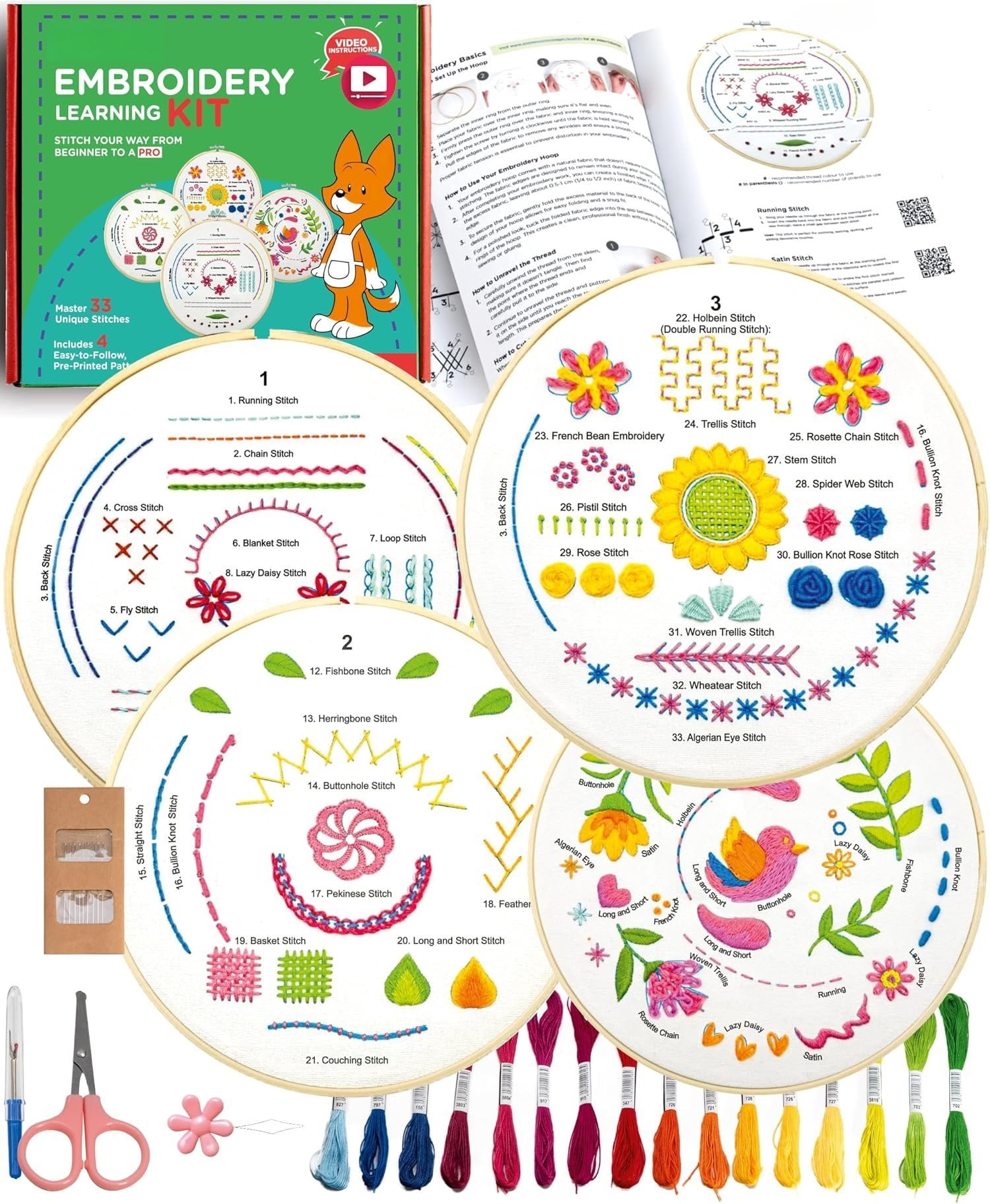 Beginner Embroidery Kit (4 ) Learn 33 Stitches with Easy DIY Video ...