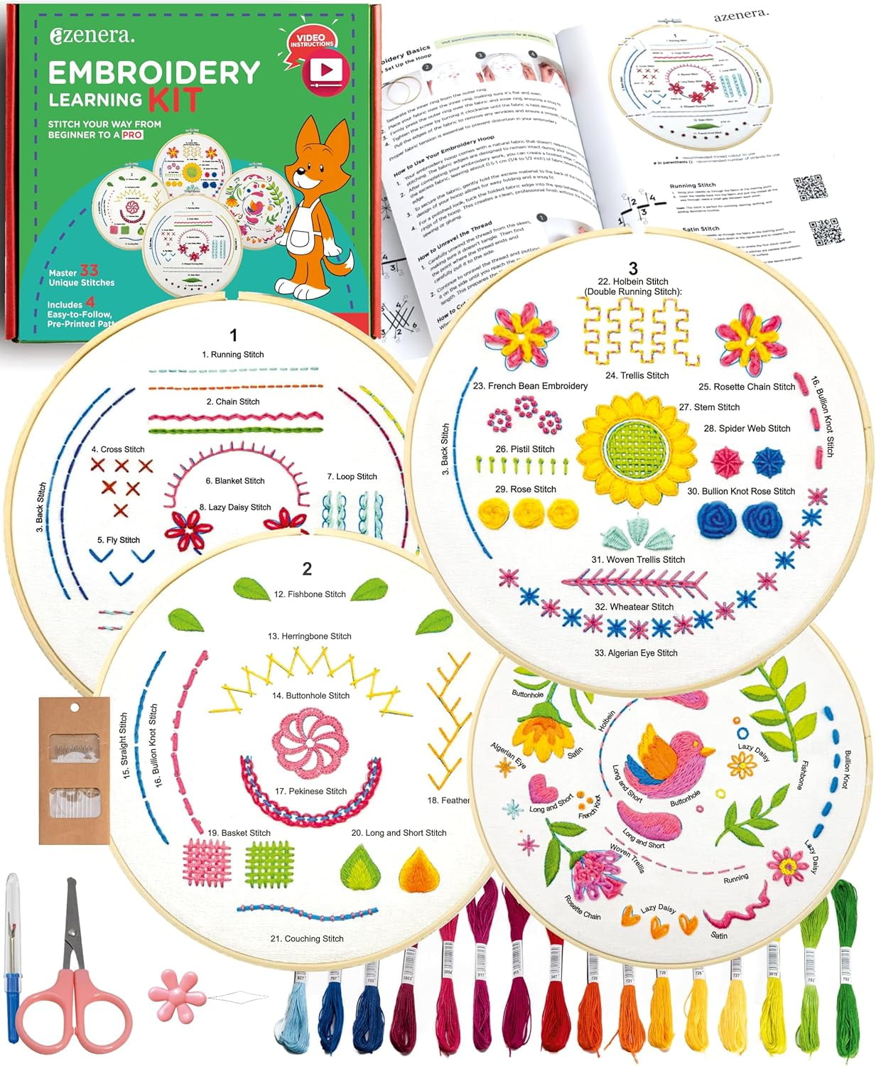 Beginner Embroidery Kit (4 Pack) Learn 33 Stitches with Easy DIY Video ...