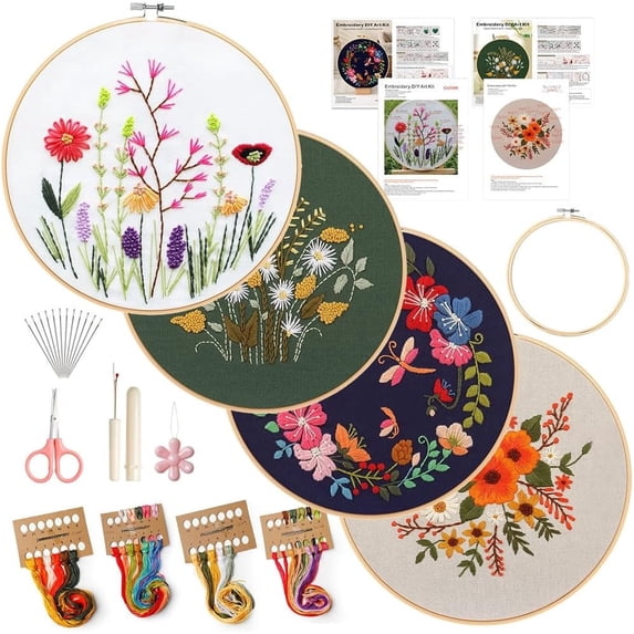 Beginner Embroidery Kit with Floral Patterns, 4-Piece DIY Cross Stitch ...