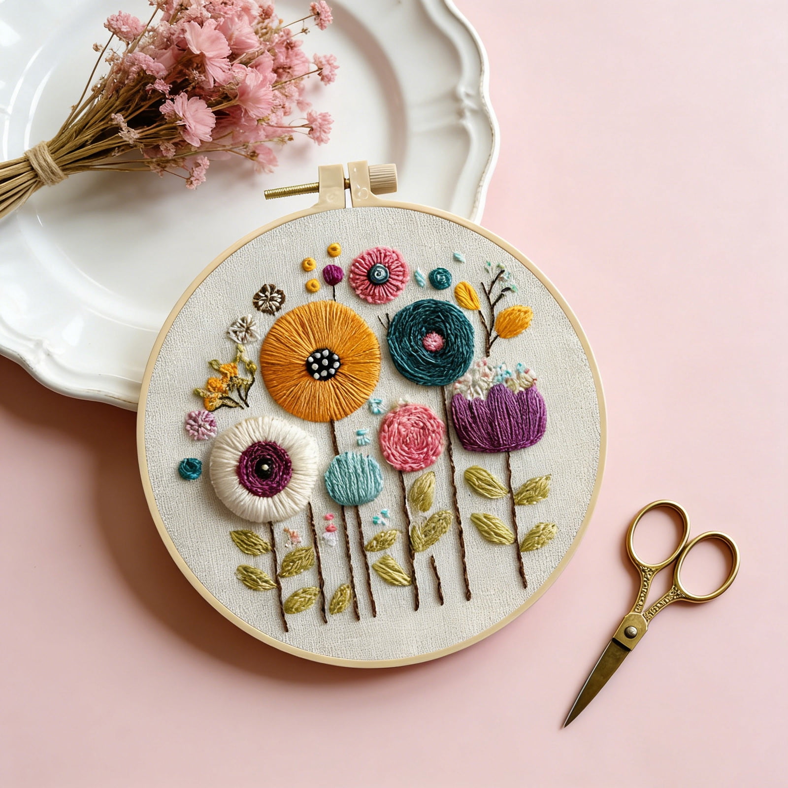 Beginner Floral Embroidery Kit - DIY Hand Embroidery Needlepoint Set ...